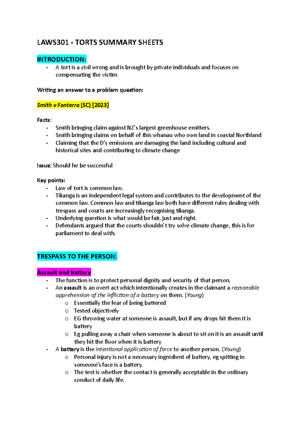 Torts Summary Sheets - LAWS301 - TORTS SUMMARY SHEETS INTRODUCTION: A tort is a civil wrong and ...