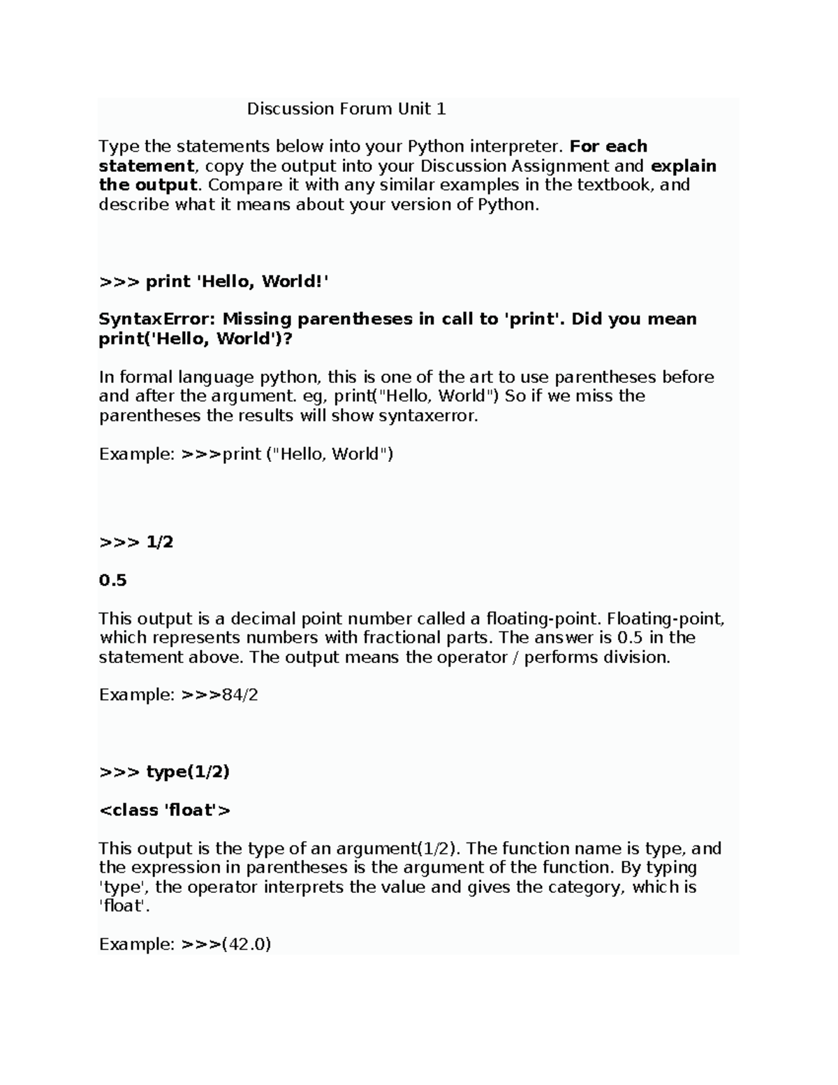 Unit1 Discussion Forum - Discussion Forum Unit 1 Type the statements ...