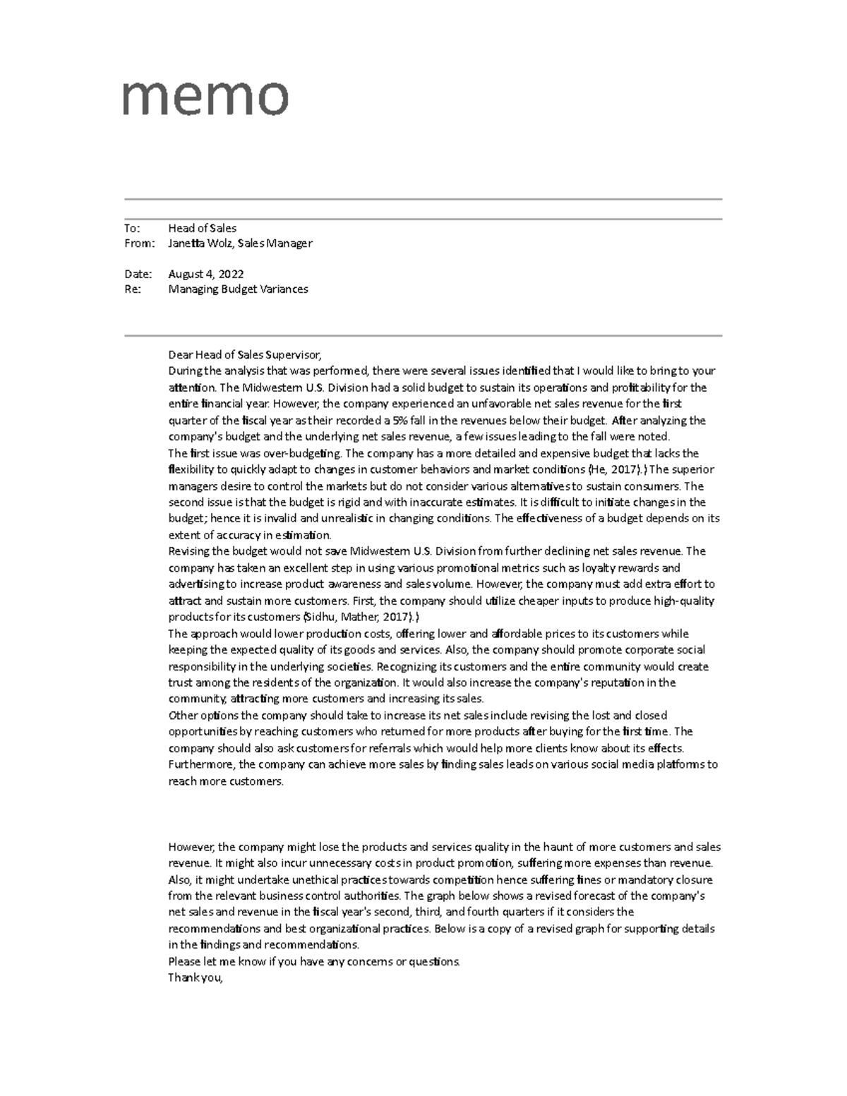 Jwolz deliverable 2fin 4489 080422 - memo To: From: Head of Sales Jane ...