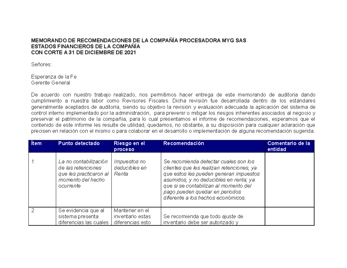 Formato 1 - memorando de recomendación - MEMORANDO DE RECOMENDACIONES DE LA COMPAÑÍA PROCESADORA ...