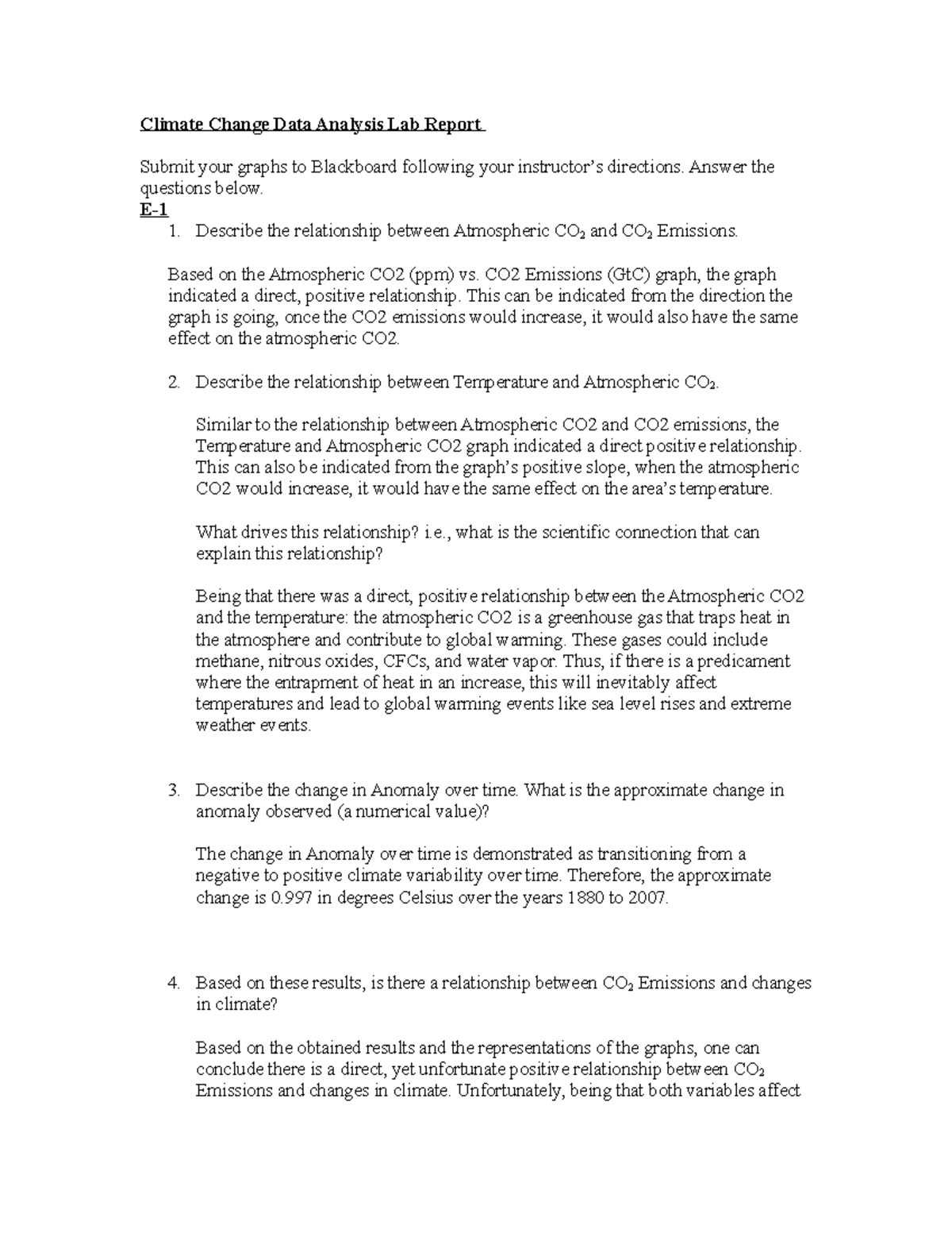 Climate Change Data Analysis - Answer the questions below. E- 1 ...