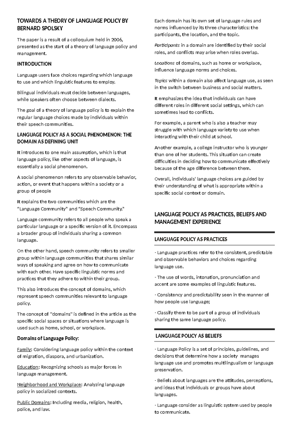 English 108 theory of - TOWARDS A THEORY OF LANGUAGE POLICY BY BERNARD SPOLSKY The paper is a ...