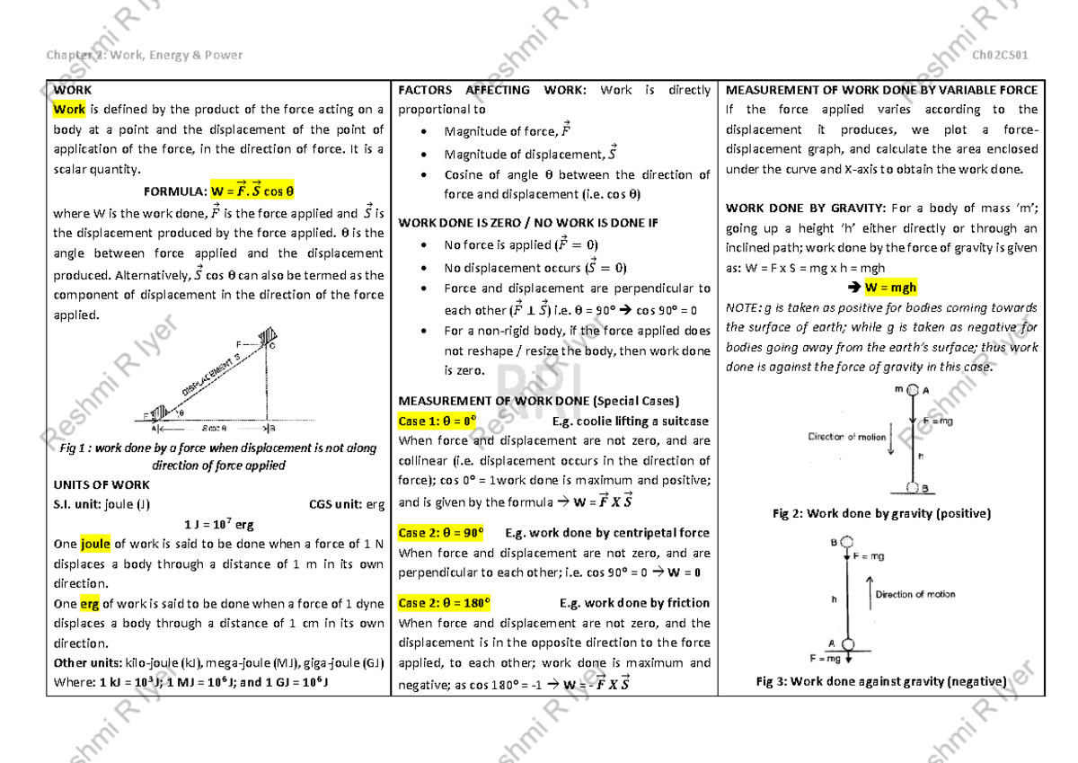 Ch2 Cheat Sheet - WORK Work is defined by the product of the force ...
