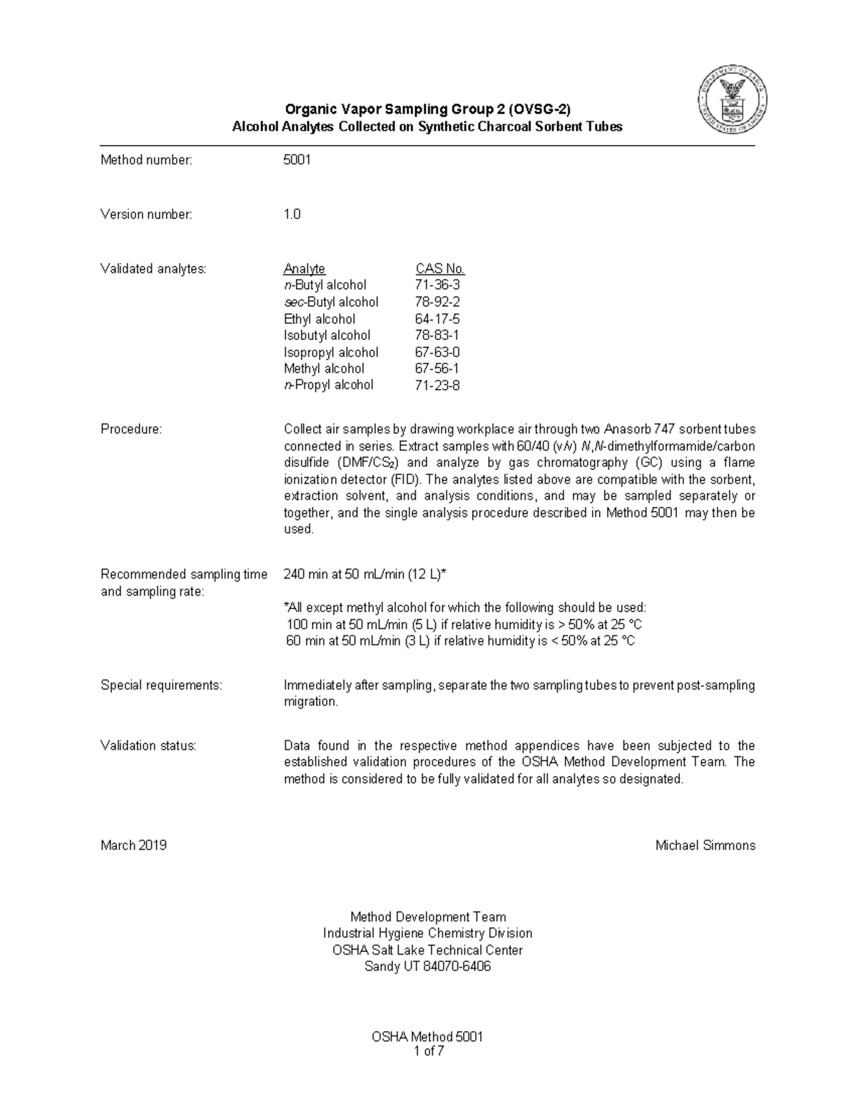 Metodos OSHA 5001 - seguridad - OSHA Method 5001 Organic Vapor Sampling ...