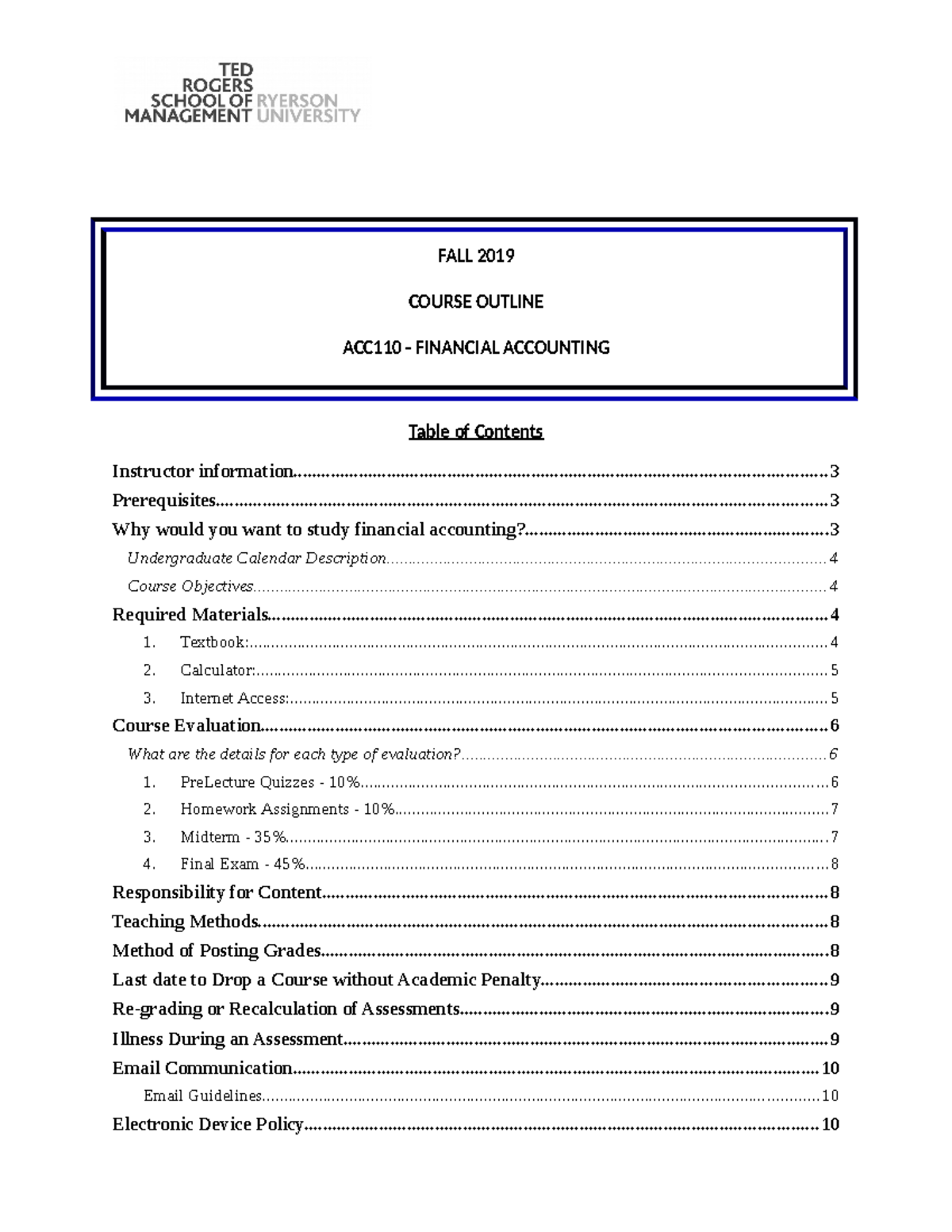 ACC 110 - outline - COURSE OUTLINE ACC110 - FINANCIAL ACCOUNTING NOTE ...