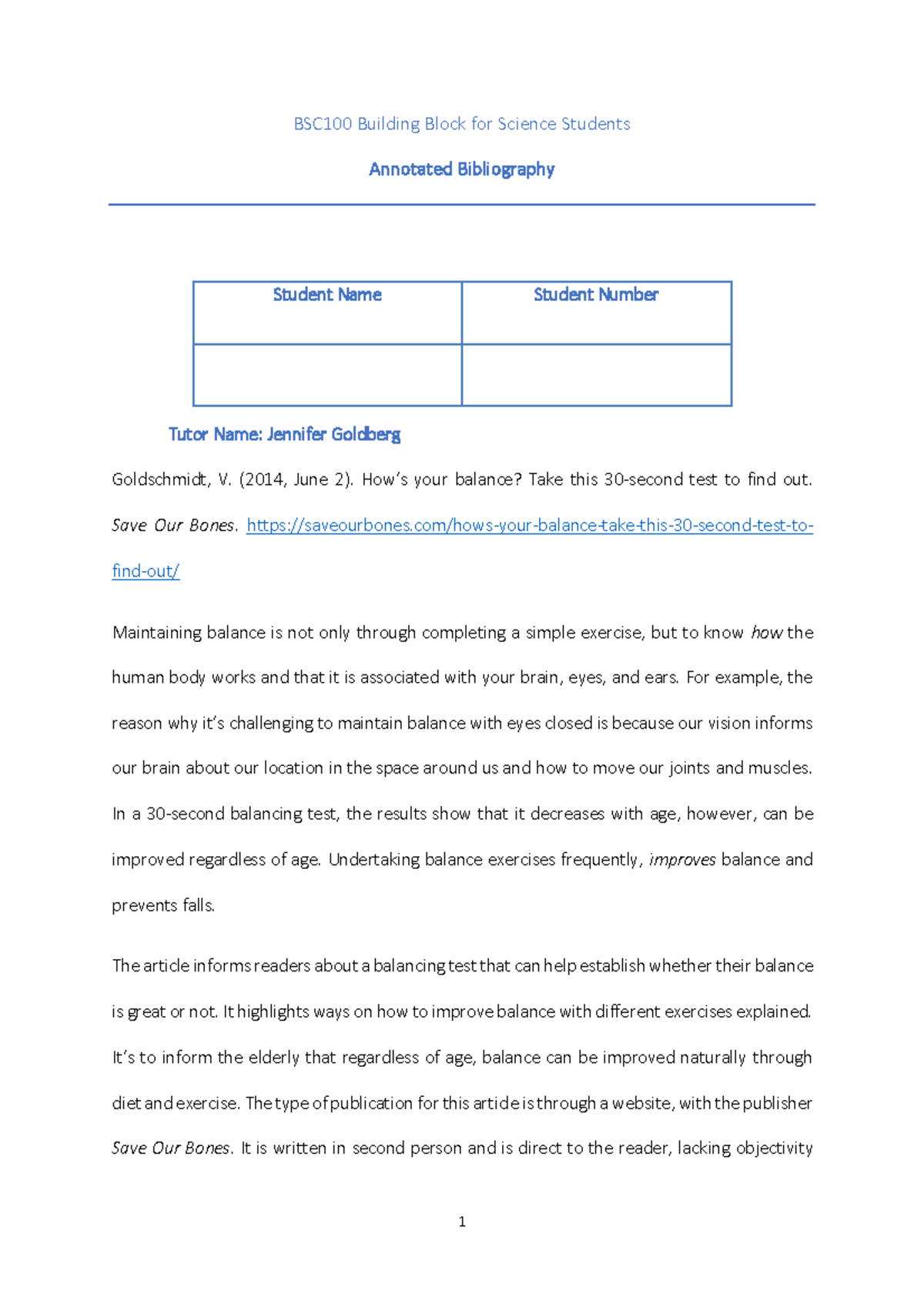 Annotated Bib BSC100 - BSC100 Building Block for Science Students Annotated Bibliography Student ...