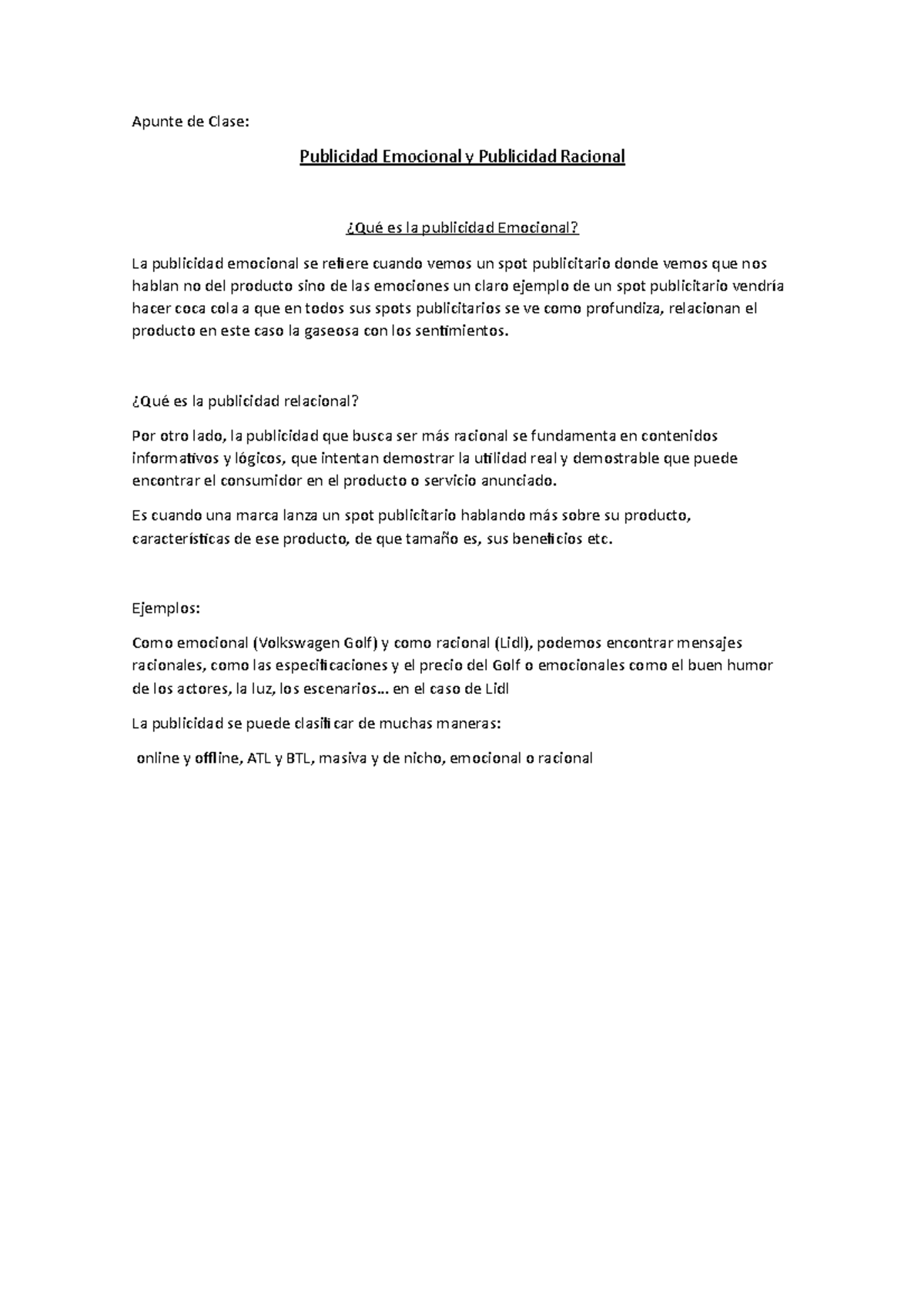 Apunte de Clase - Apunte de Clase: Publicidad Emocional y Publicidad ...