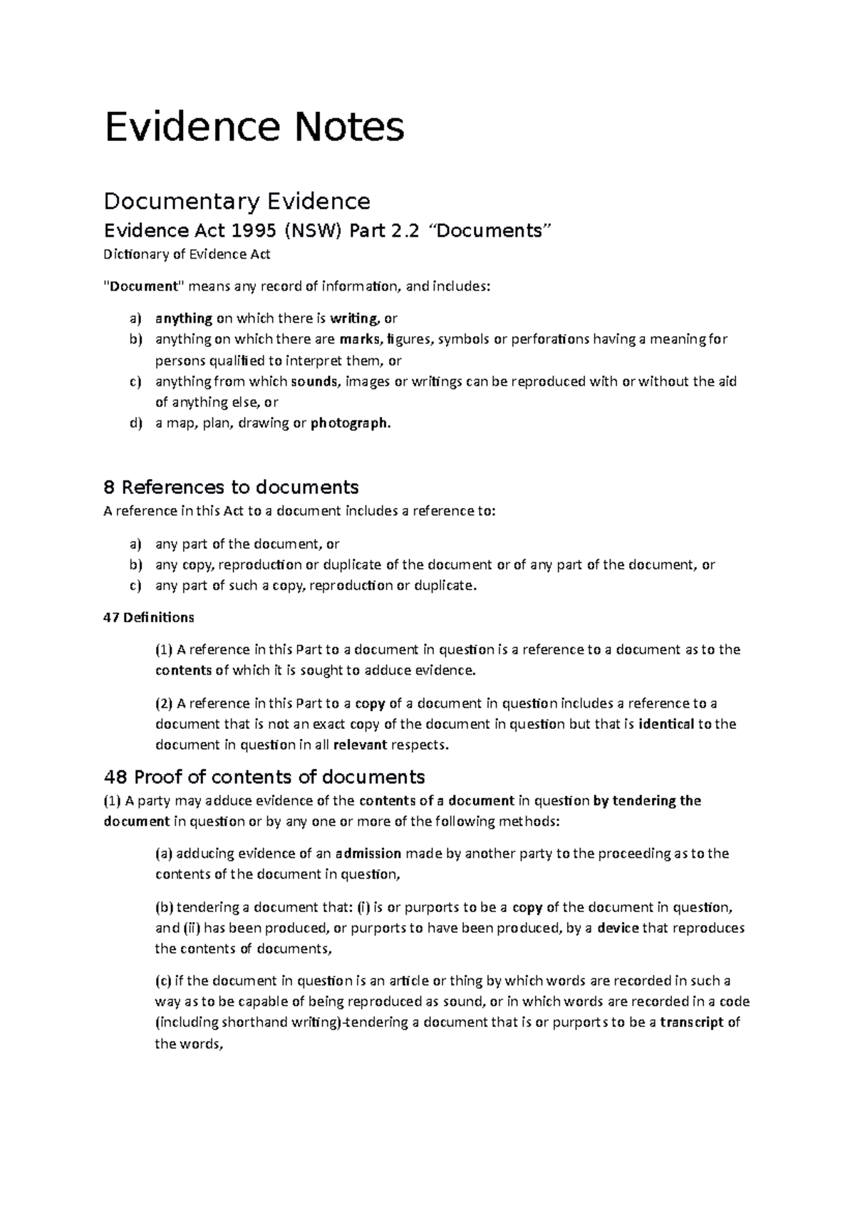Evidence Notes for Take Home Exam - Evidence Notes Documentary Evidence ...