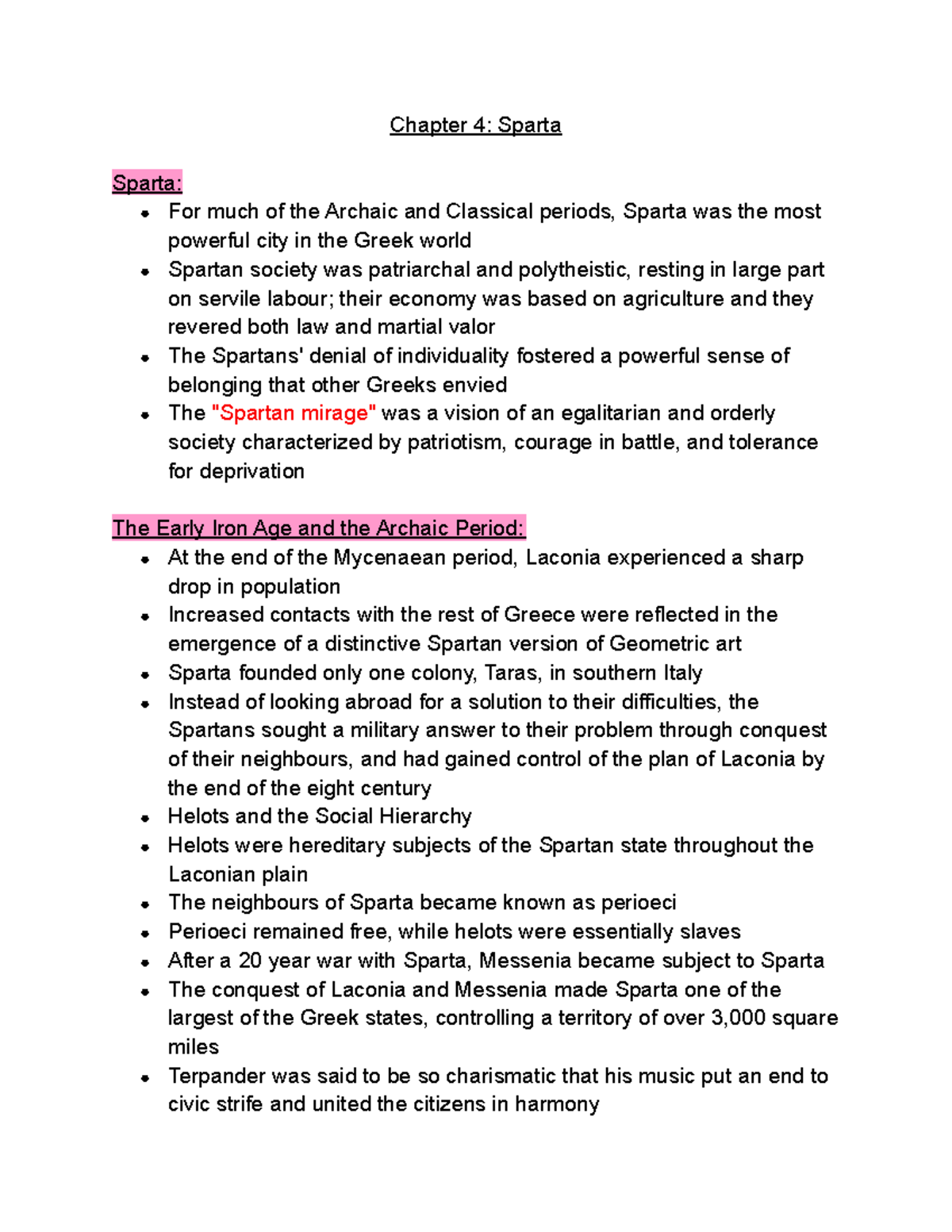 Chapter 4 Sparta - Notes - Chapter 4: Sparta Sparta: For much of the ...