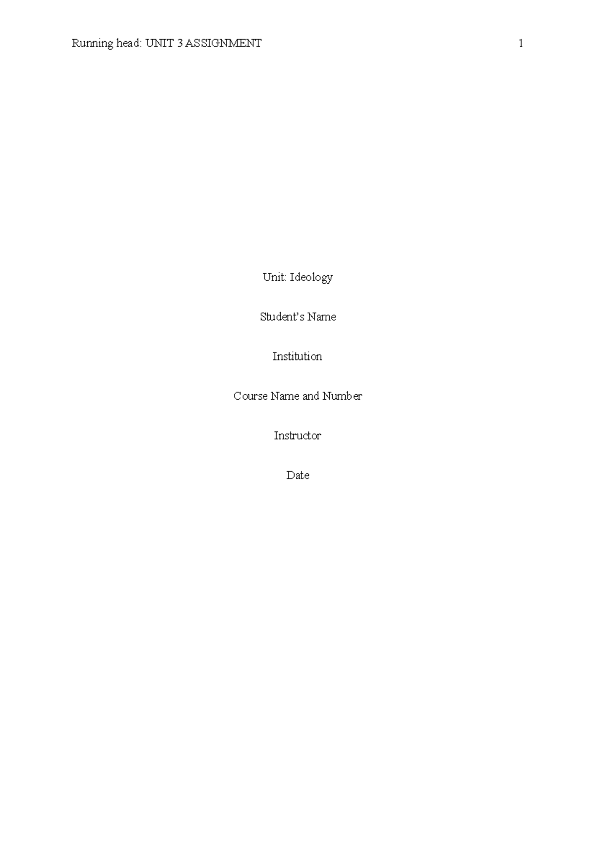 #0011 SOCI 288 Unit 3 Assignment - Running head: UNIT 3 ASSIGNMENT 1 Unit: Ideology Student’s ...
