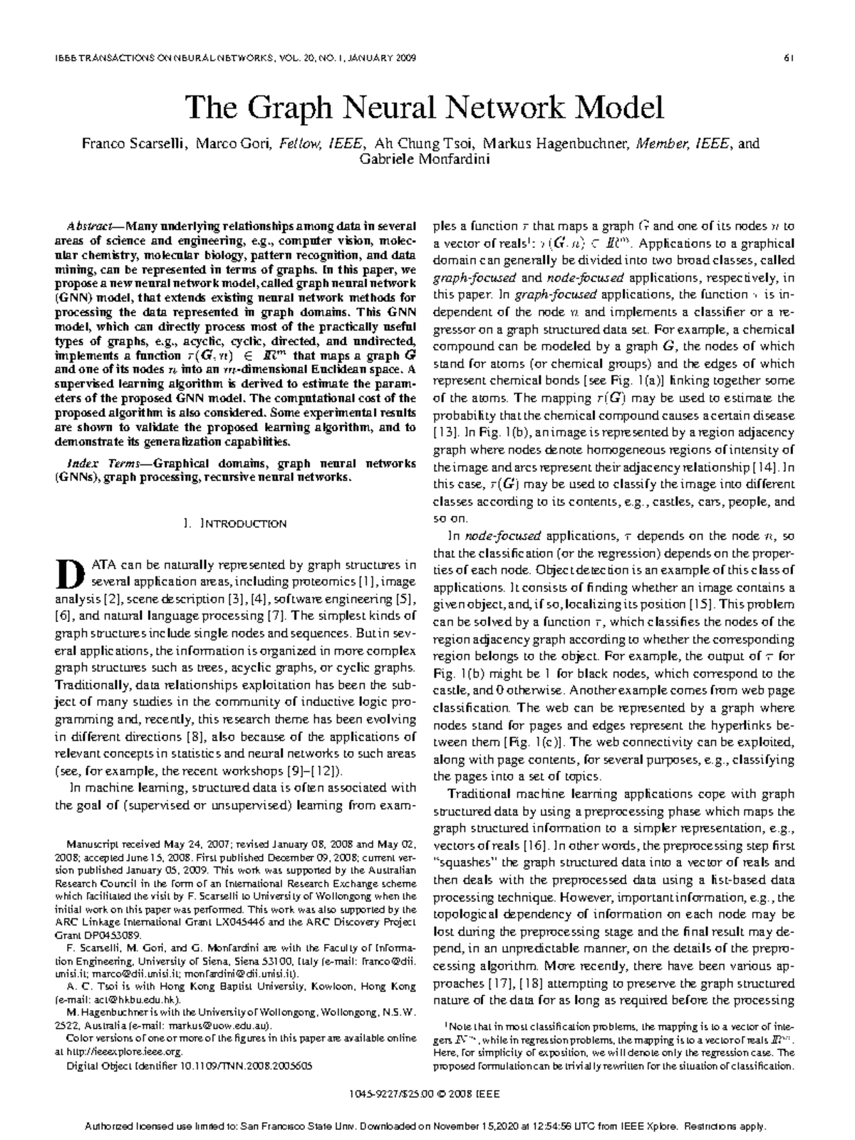 Scarselli 2009 - mô hình neural network - IEEE TRANSACTIONS ON NEURAL NETWORKS, VOL. 20, NO. 1 ...