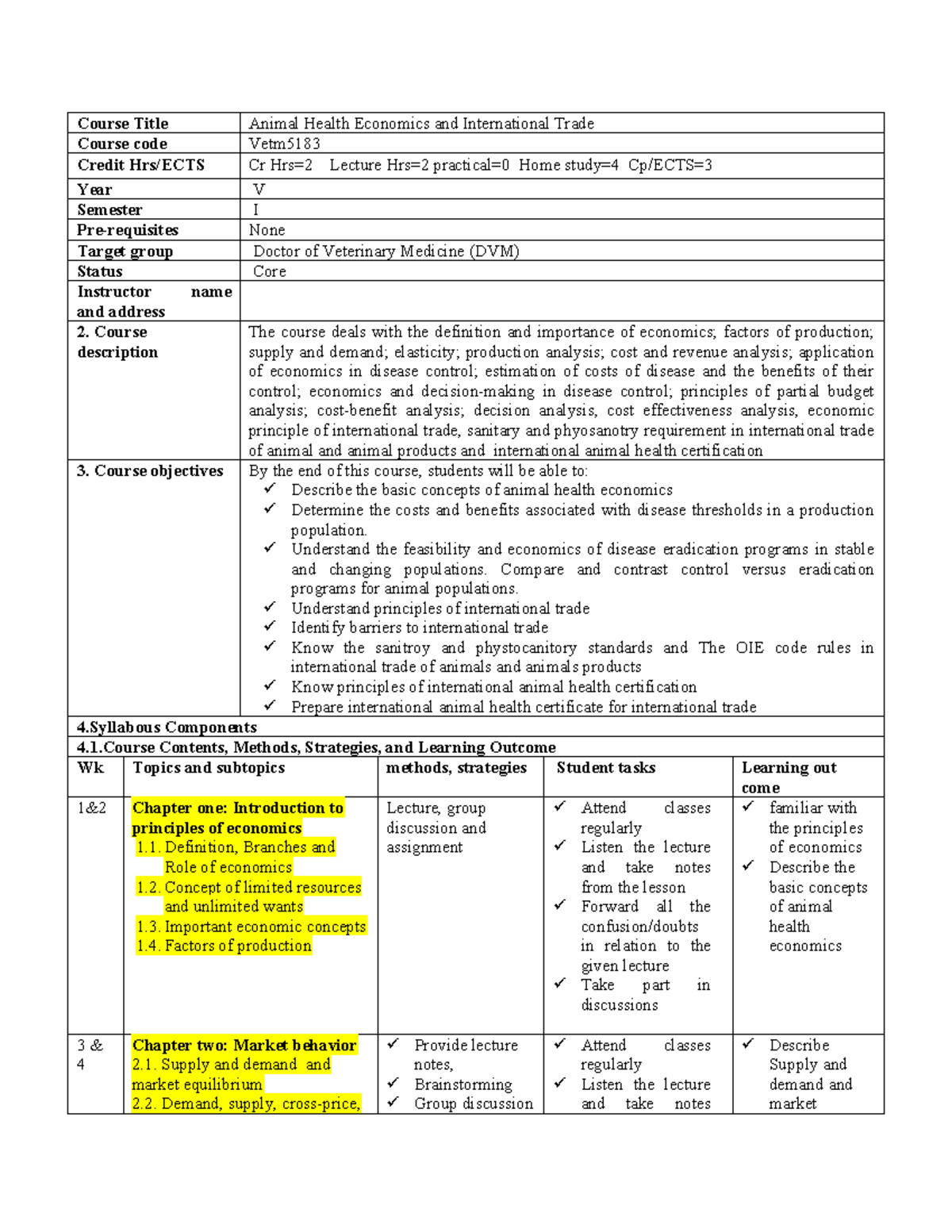 Animal heath economics course outline - Course Title Animal Health ...