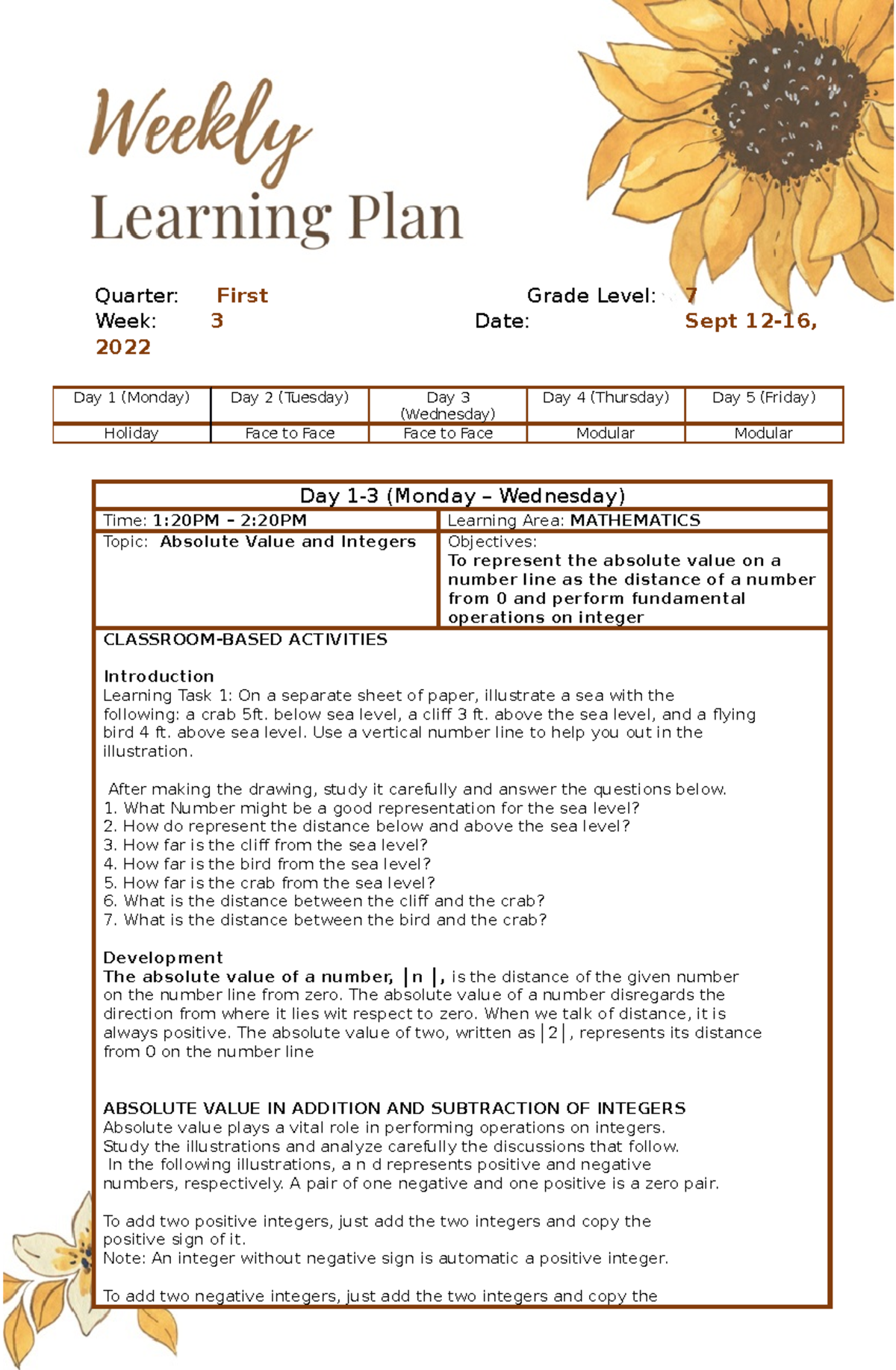 Math 7 Week 3 - whlp - Quarter: First Grade Level: 7 Week: 3 Date: Sept ...