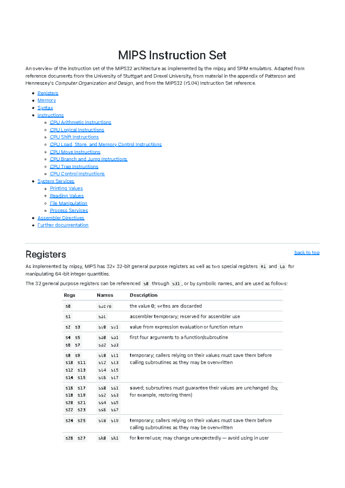 COMP1521 23T3 — MIPS Instruction Set - back to top MIPS Instruction Set An overview of the - Studocu