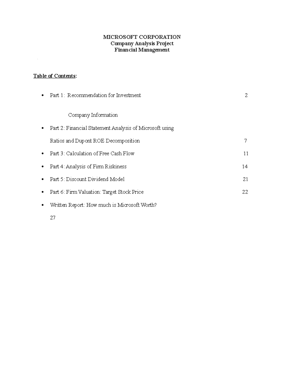 Financial Management Company Analysis Project - Microsoft - MICROSOFT ...