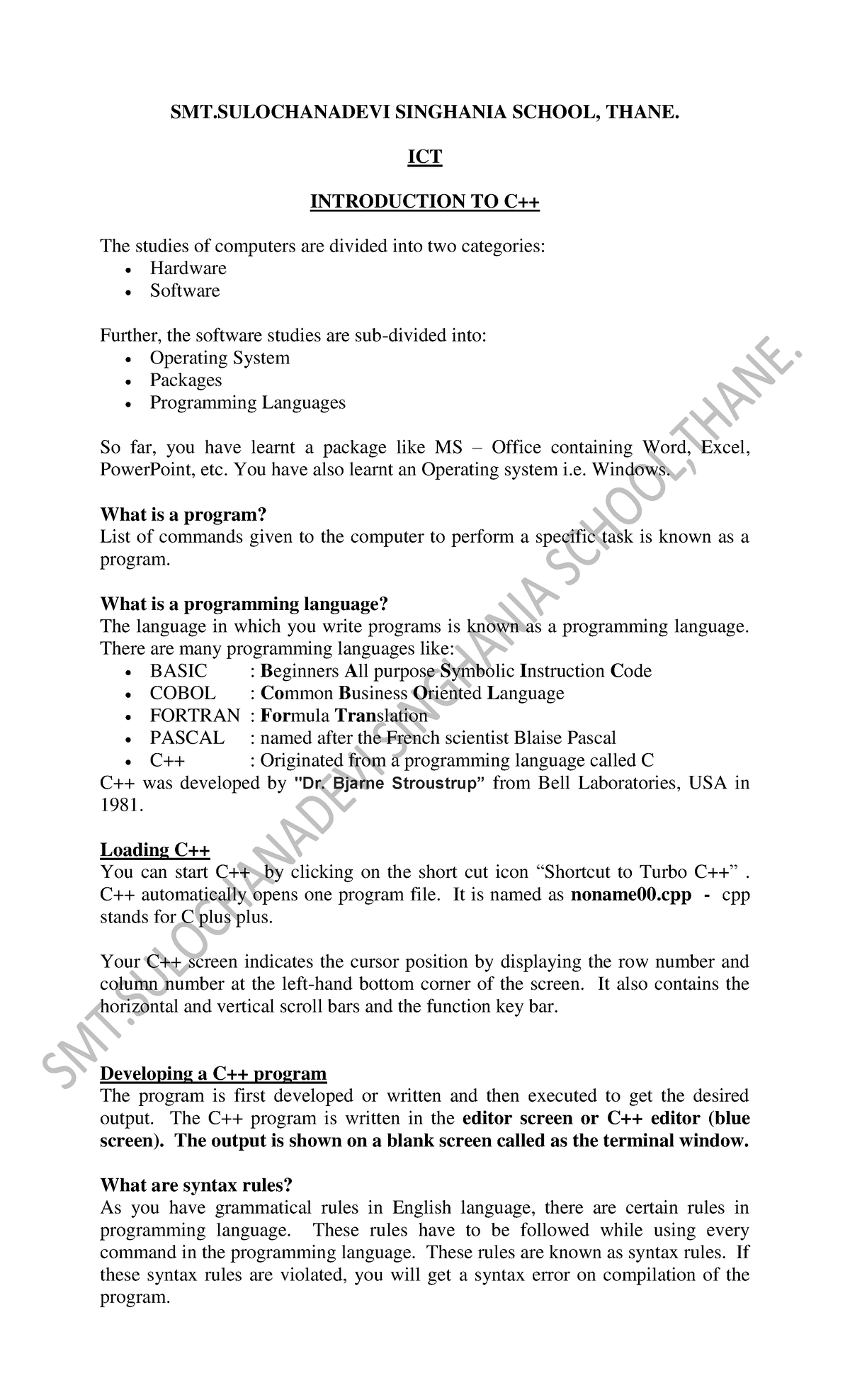 STD 8 Notes C++ 2015-16 - SMT SINGHANIA SCHOOL, THANE. ICT INTRODUCTION ...