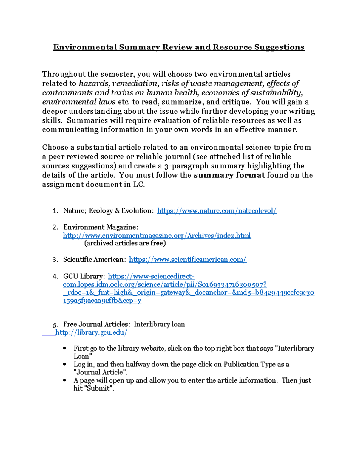 Bio 220 Environmental Summary Review and Resource Suggestions ...