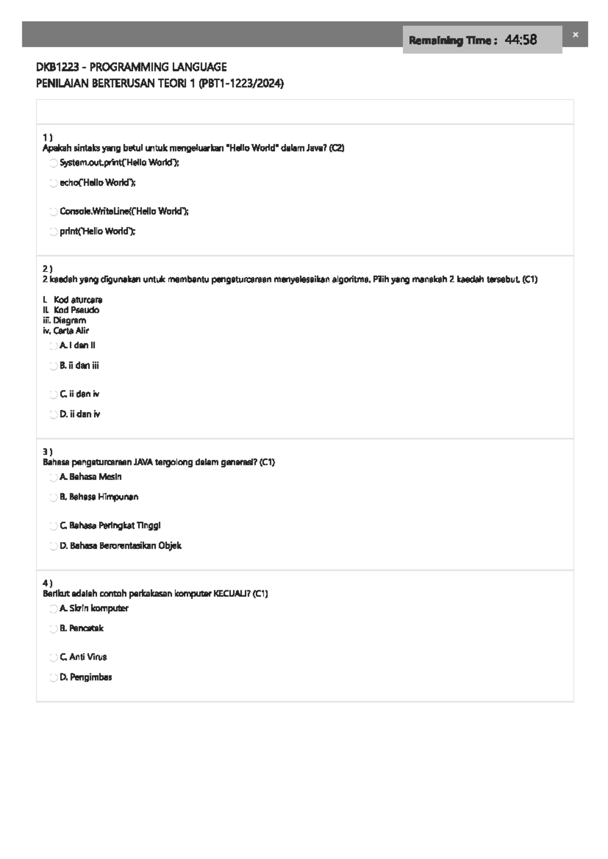 Soalan - Teori 1 DKB1223 - x Remaining Time : 44:58 DKB1223 PROGRAMMING LANGUAGE PENILAIAN - Studocu