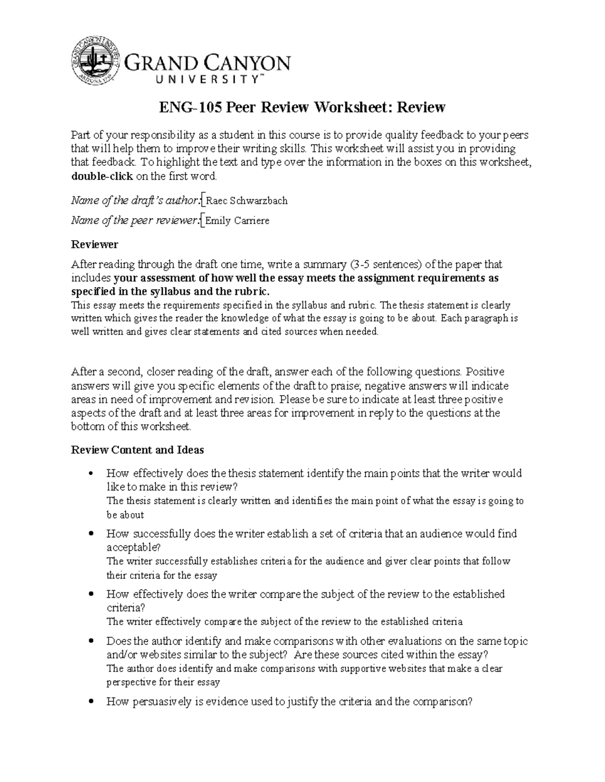 Peer review - This worksheet will assist you in providing that feedback ...