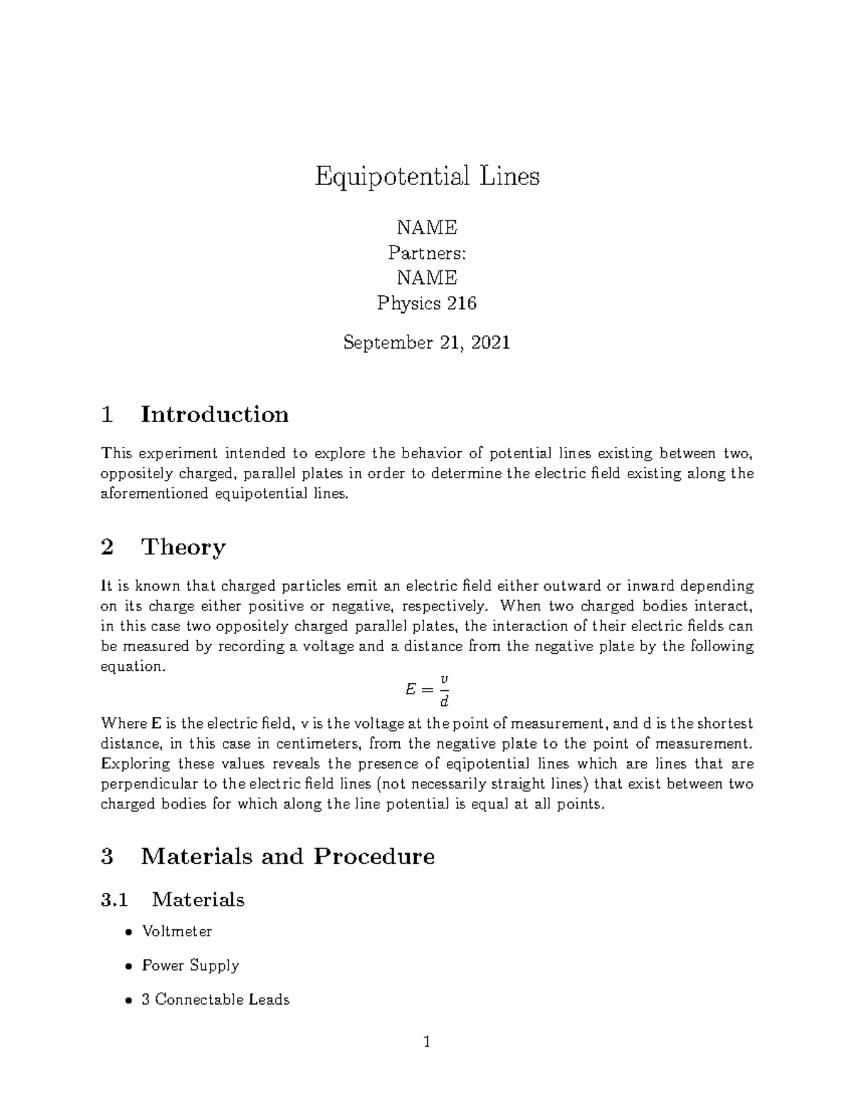 Physics 216 lab 1 - Equipotential Lines NAME Partners: NAME Physics 216 ...