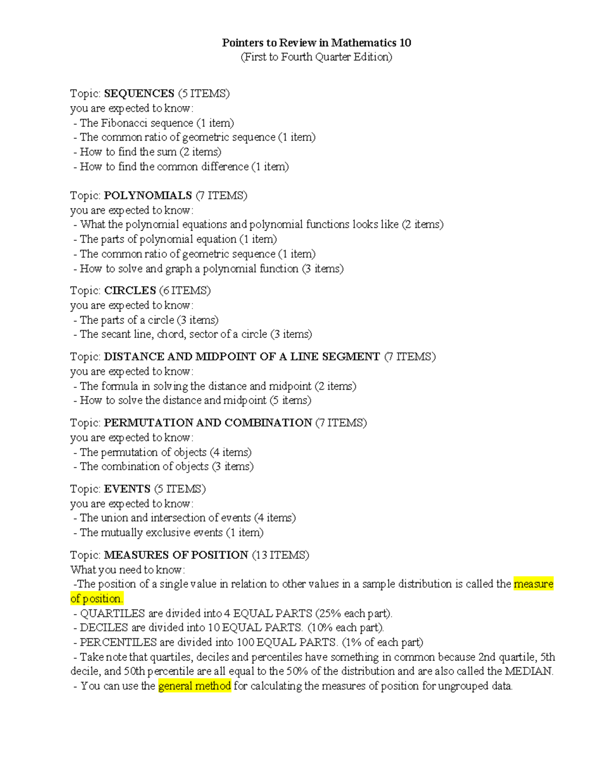Pointers to Review in Mathematics 10 - QUARTILES are divided into 4 ...