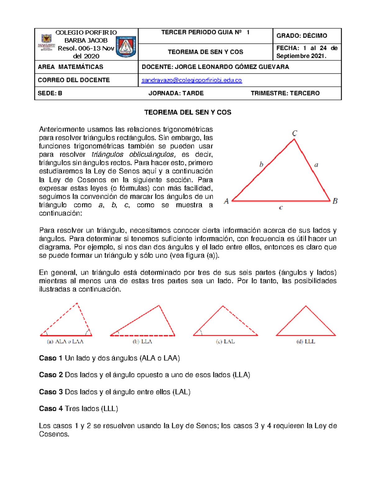 GUIA 1 LEY DE SEN Y COS - Guía de matemáticas - TEOREMA DEL SEN Y COS ...