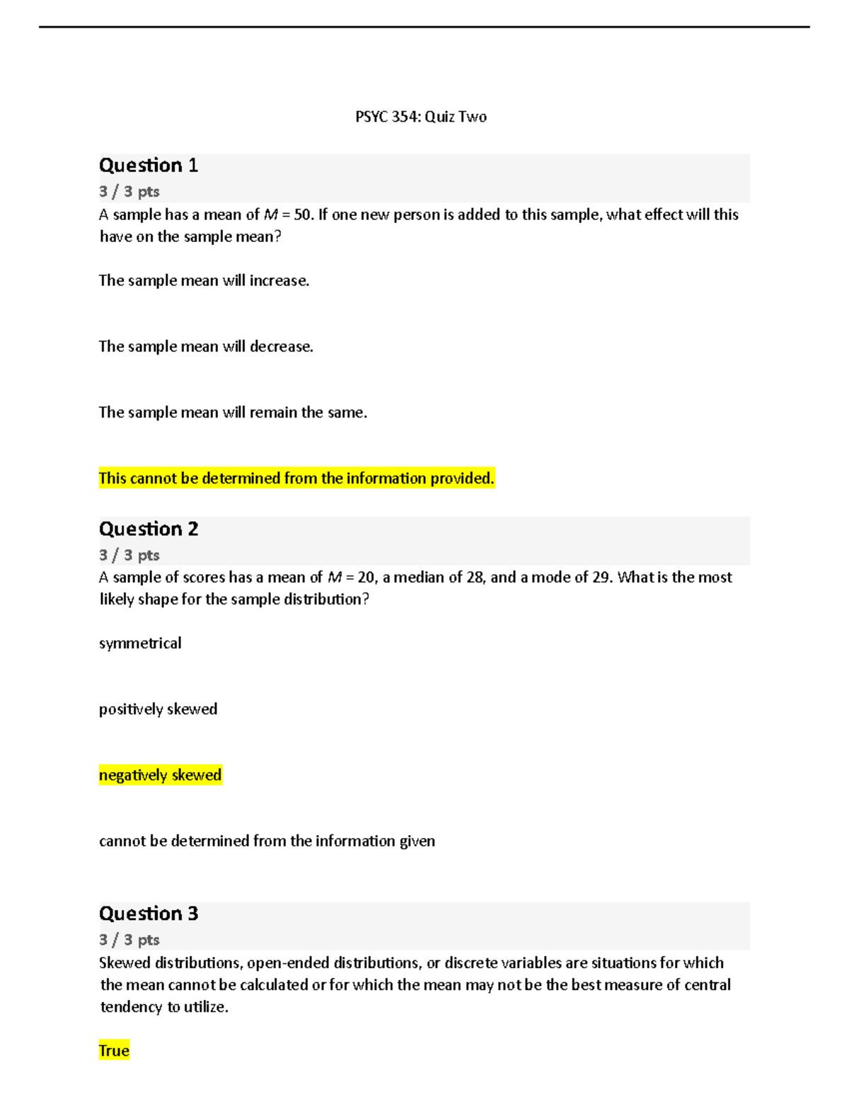 PSYC 354 Quiz Two - Exam and answers - PSYC 354: Quiz Two Question 1 3 ...