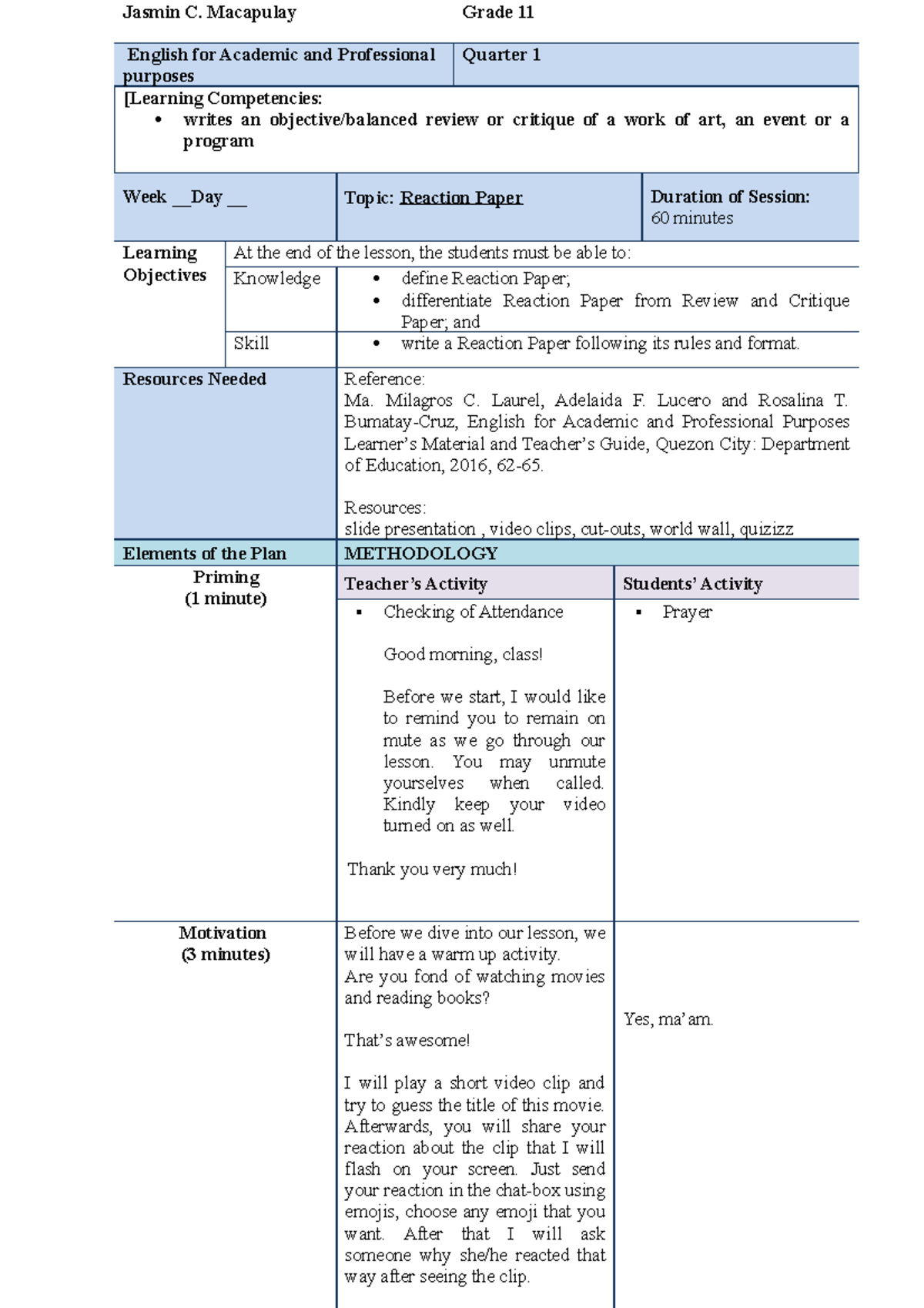 1J - DLP SAMPLE - Jasmin C. Macapulay Grade 11 English for Academic and ...