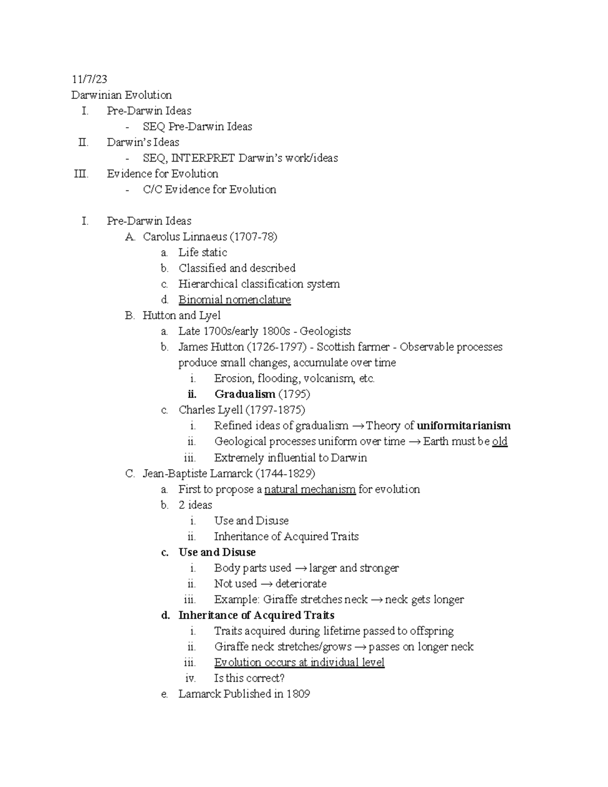 Gen Bio Week 10 - lecture notes for Darwinian Evolution and Population ...