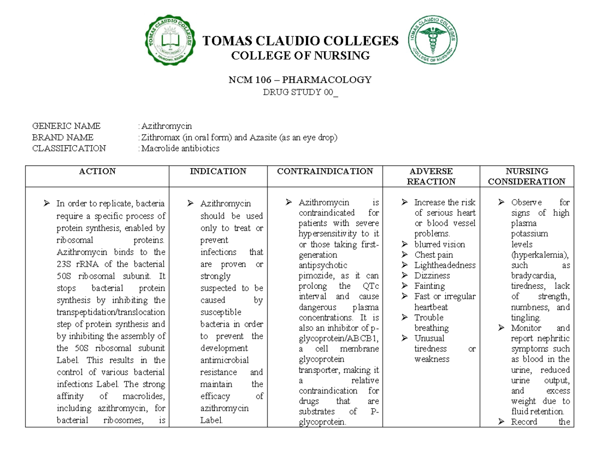 Drug-Study-Azithromycin - TOMAS CLAUDIO COLLEGES COLLEGE OF NURSING NCM ...