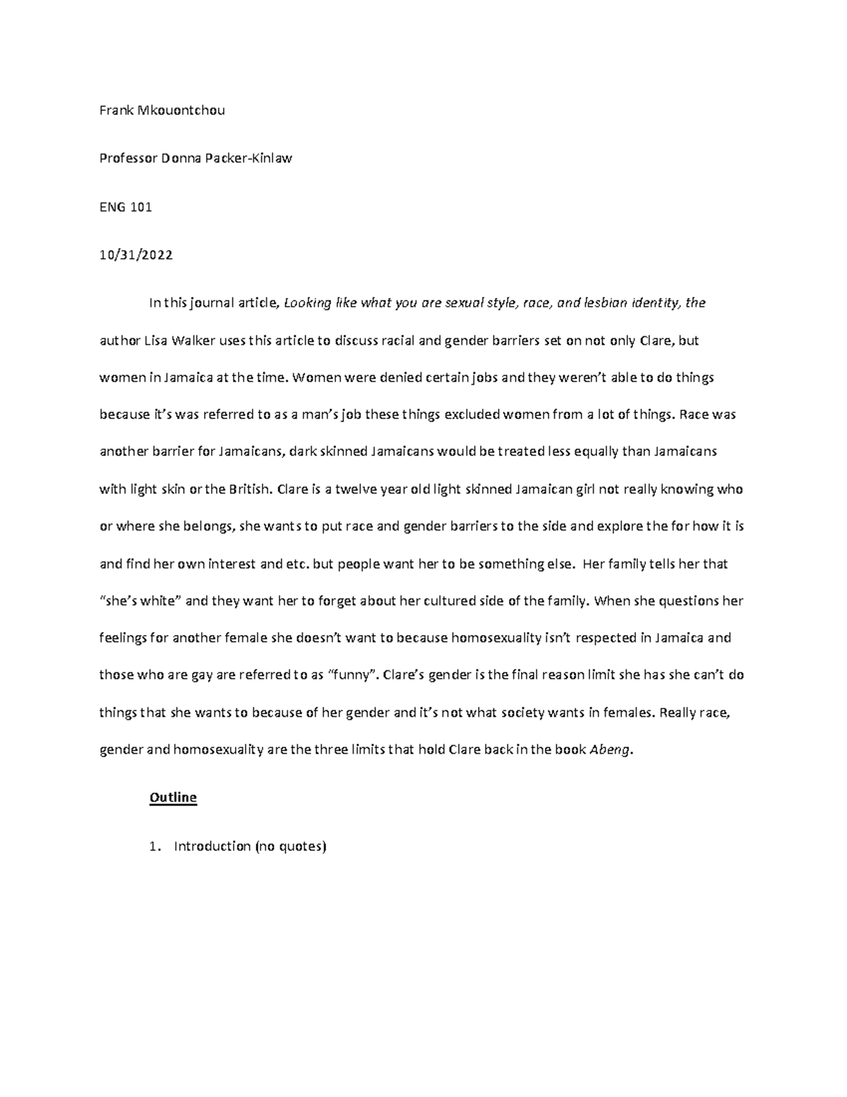 Essay 2 intro - practice materials - Frank Mkouontchou Professor Donna ...