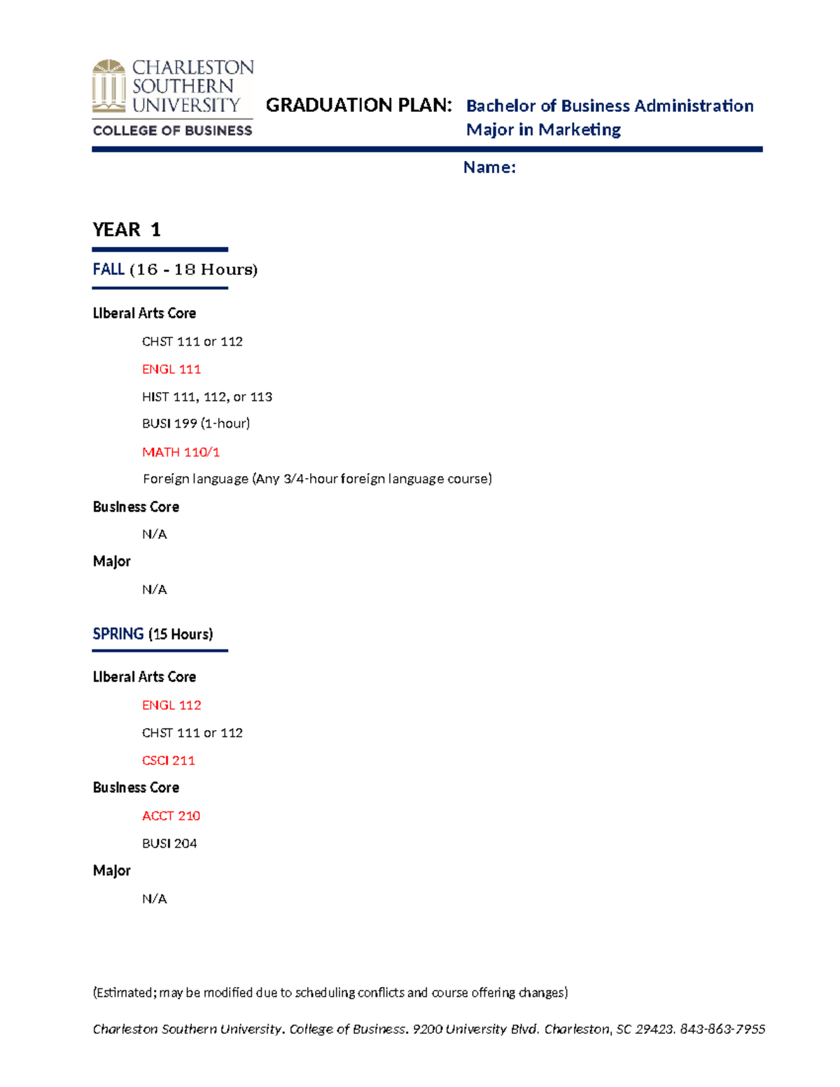 2023 Standard Graduation Plan - MRKT - Major in Marketing Name: YEAR 1 ...