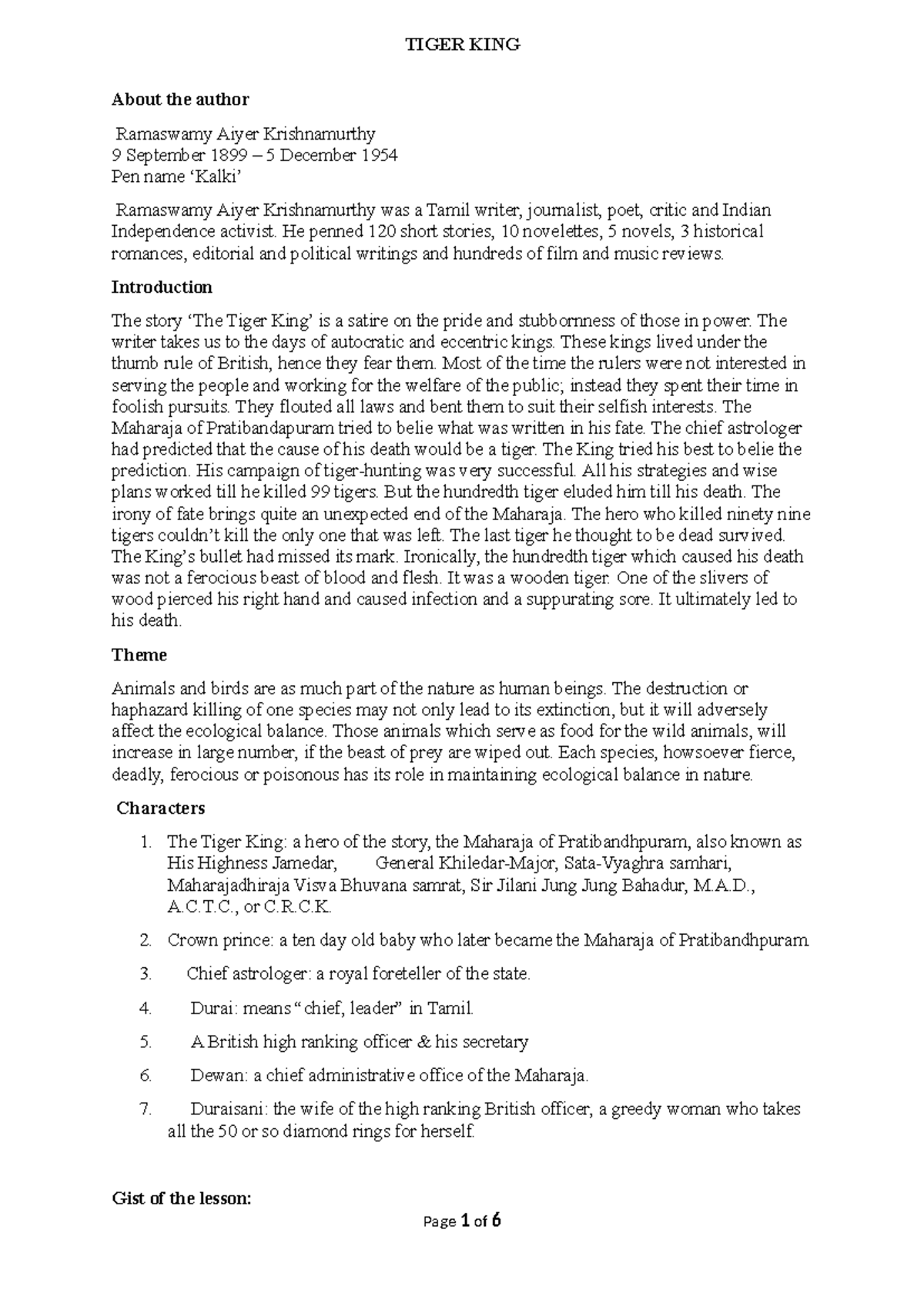 Tiger king chapter summary and important questions - TIGER KING About ...