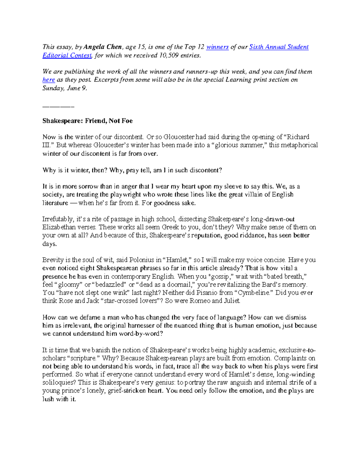 Shakespeare Friend Not Foe - This essay, by Angela Chen, age 15, is one ...