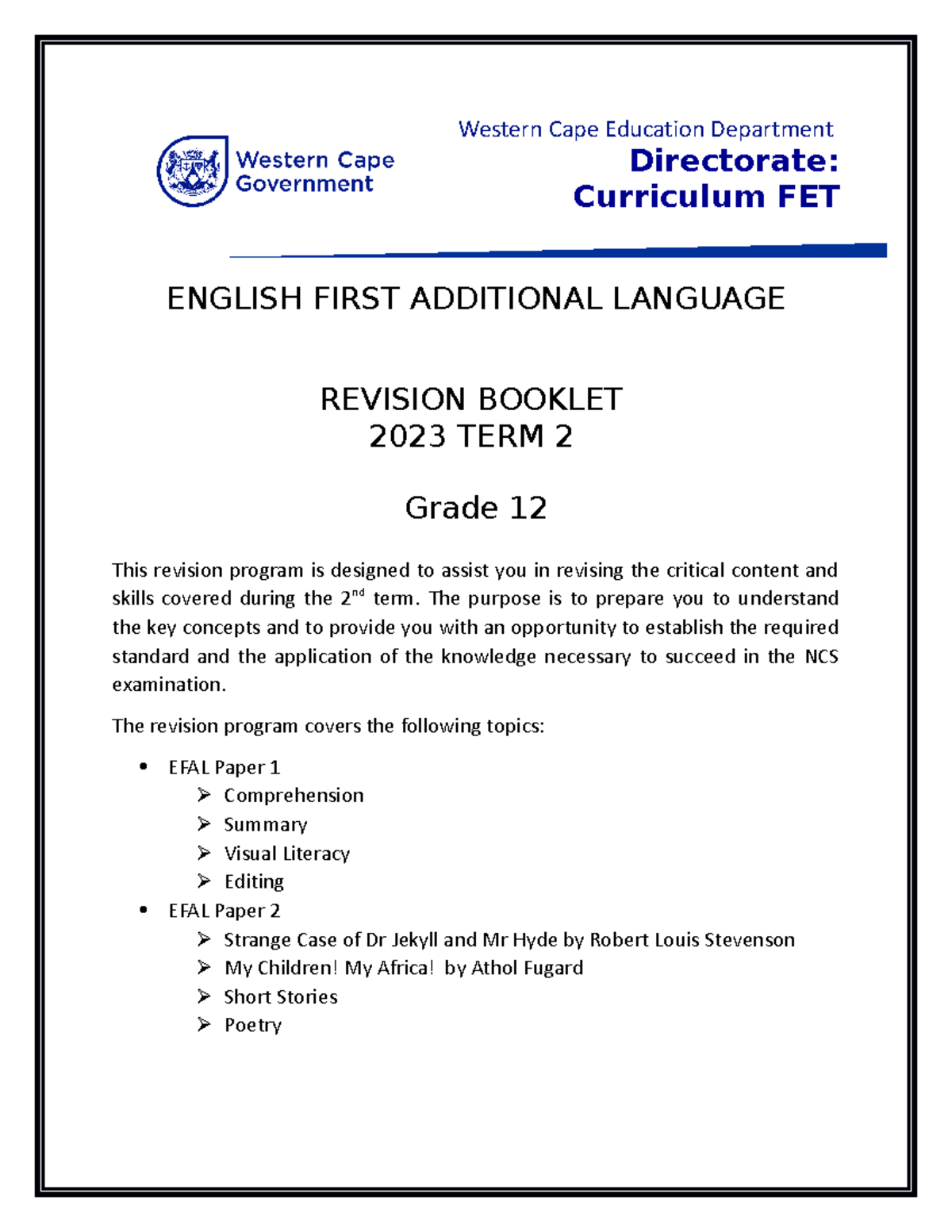 Final Revision booklet EFAL Term 2 Grade 12 - Western Cape Education Department Directorate ...