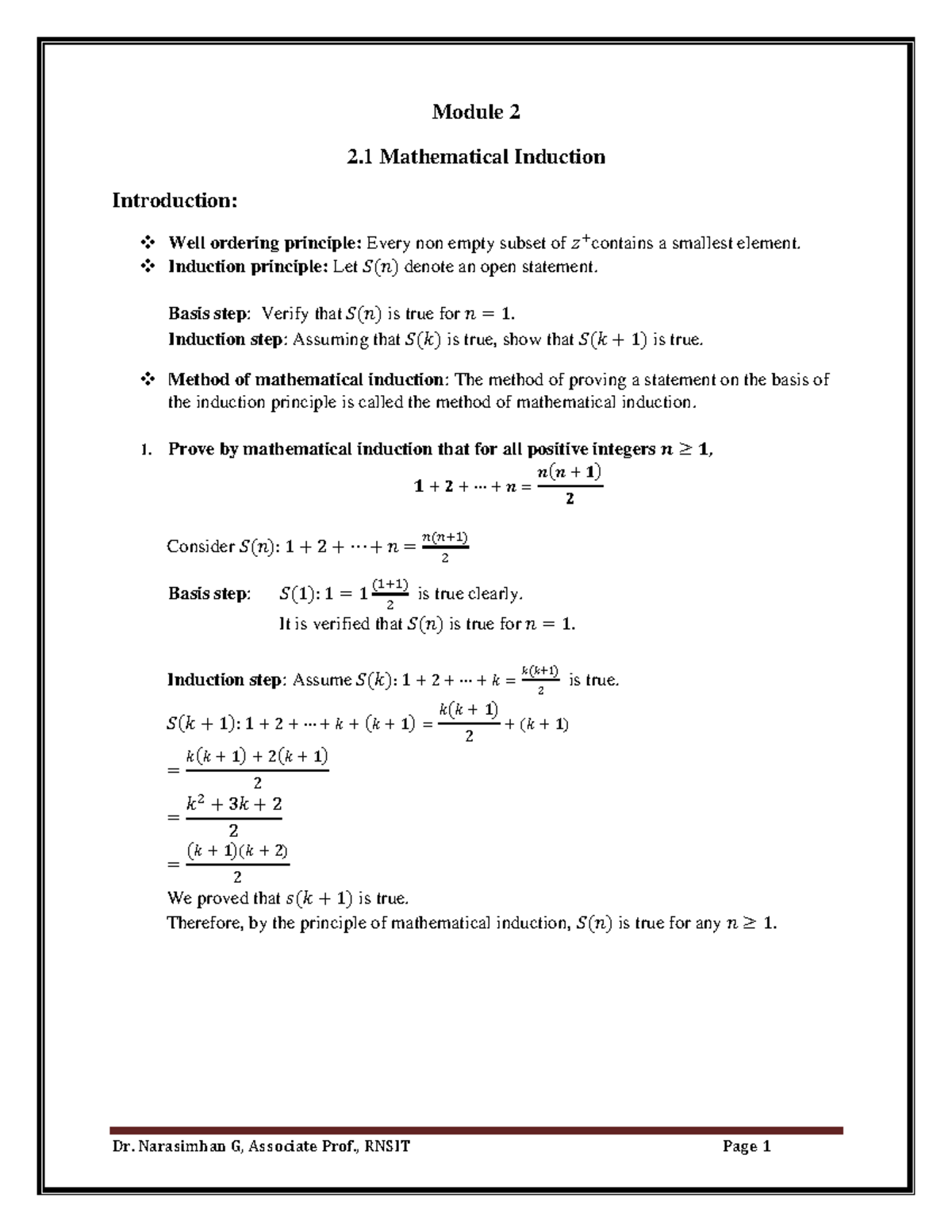 BCS405A - Module 2 - maths notes - Module 2 2 Mathematical Induction ...