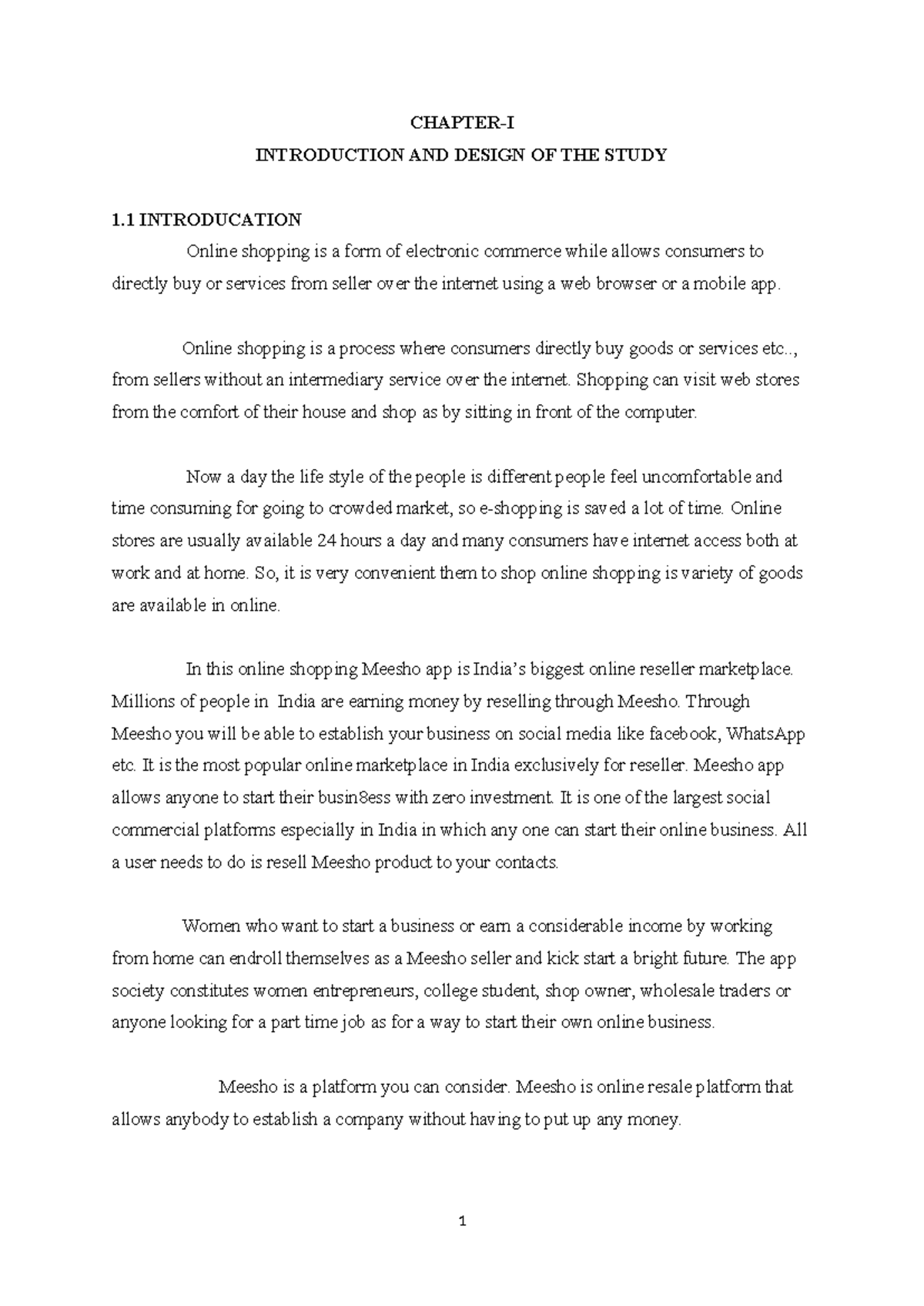 Meesho project - CHAPTER-I INTRODUCTION AND DESIGN OF THE STUDY 1 ...
