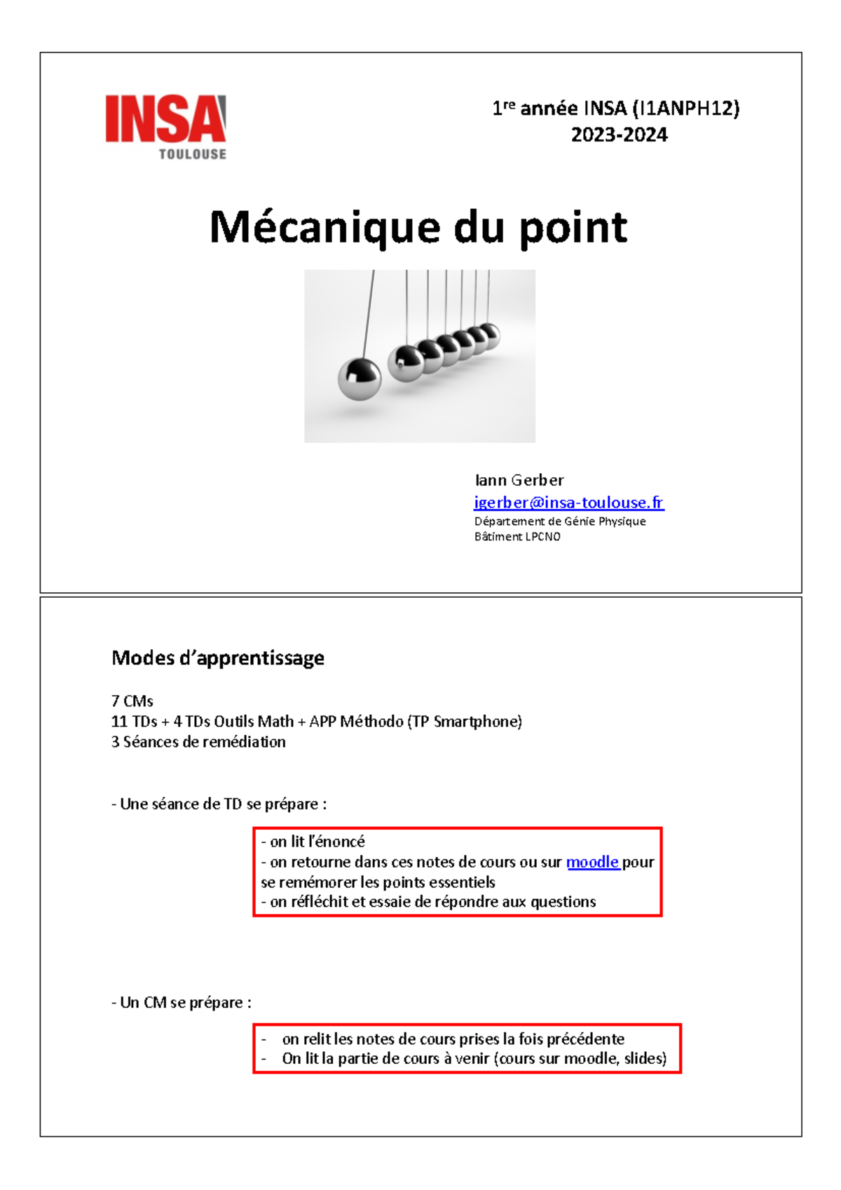Cours Meca all - Mécanique du point 1 re année INSA (I1ANPH12) 2023 - 2024 Iann Gerber - Studocu