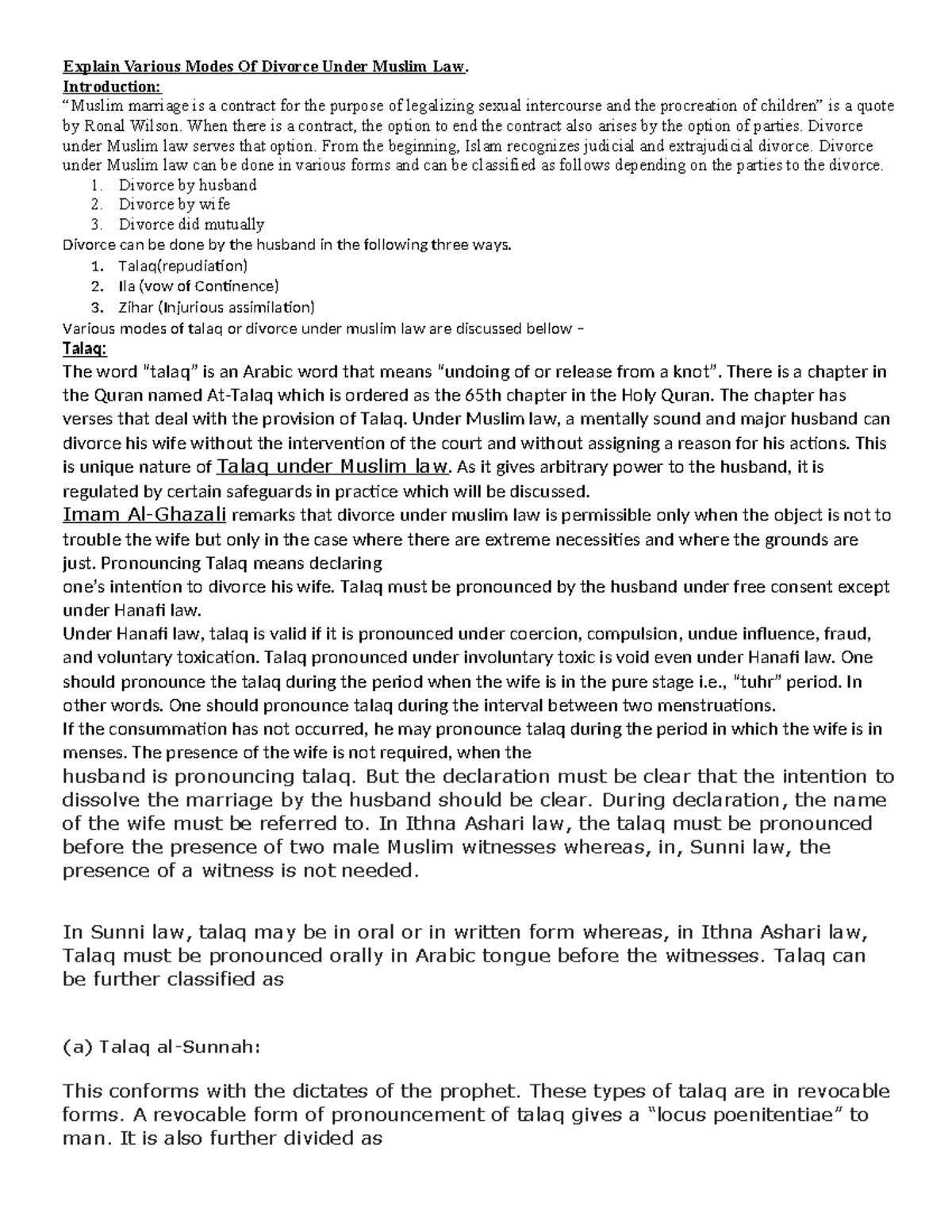 Modes of Talaq-Law - Explain Various Modes Of Divorce Under Muslim Law ...