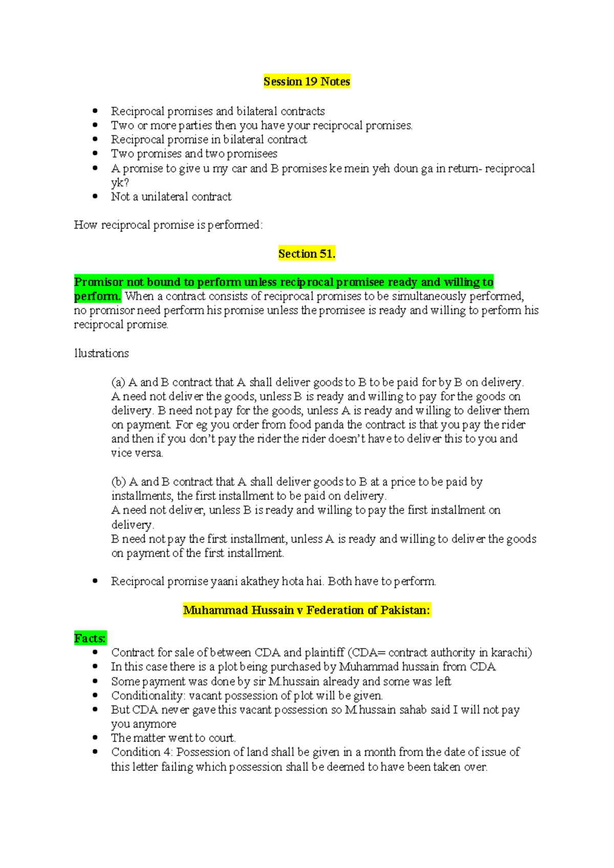 Session 19 Notes - none - Session 19 Notes Reciprocal promises and ...