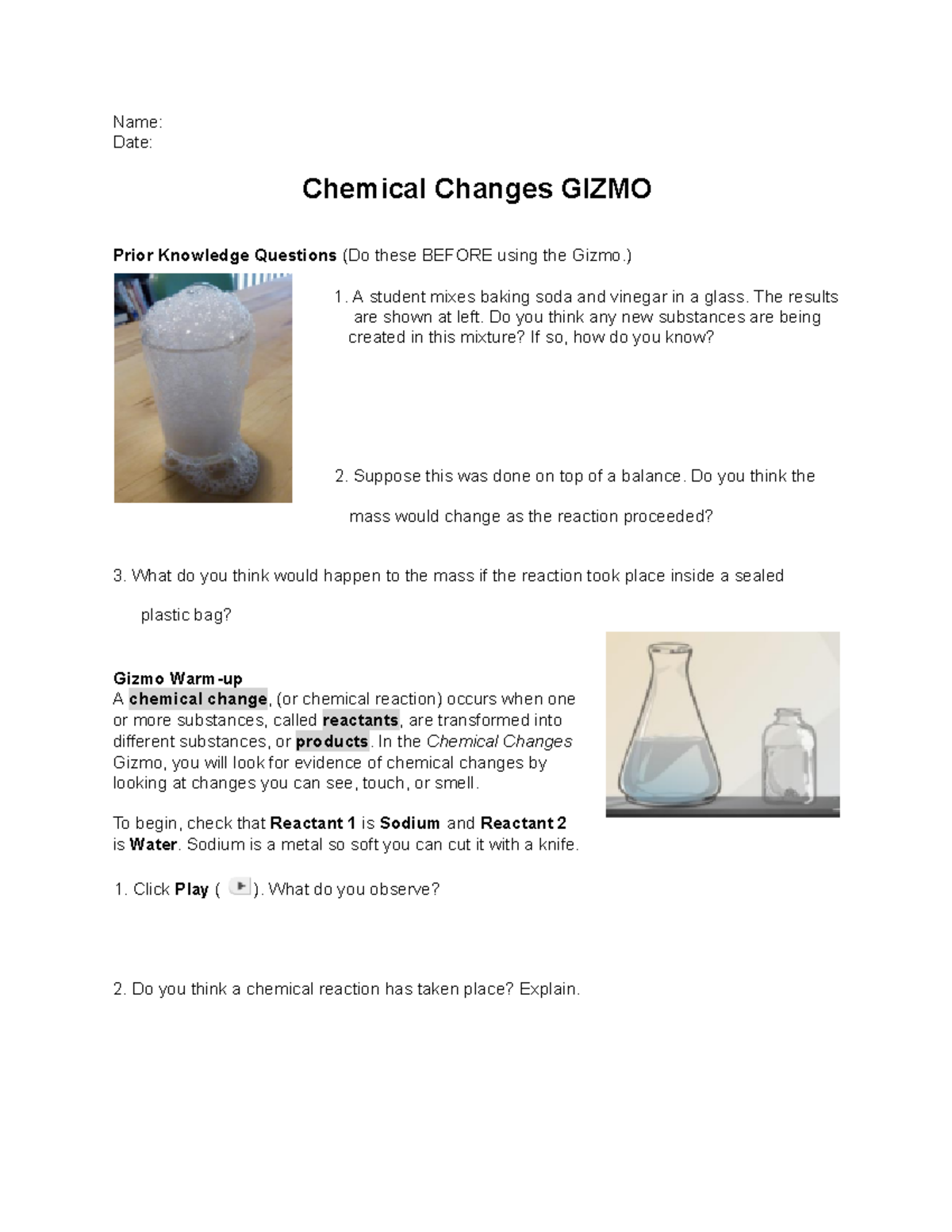 Chemical Changes Gizmo - Google Docs - Name: Date: Chemical Changes ...