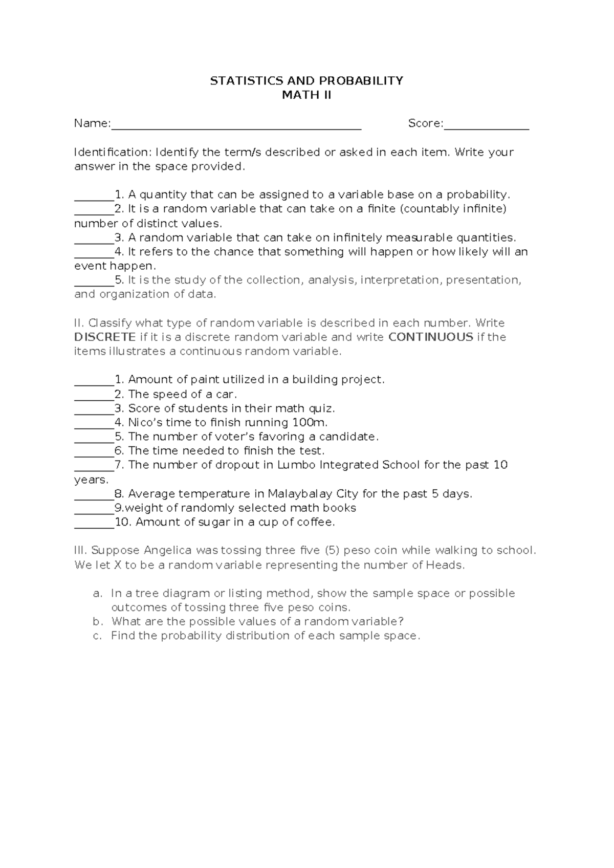 Statistics AND Probability - STATISTICS AND PROBABILITY MATH II - Studocu