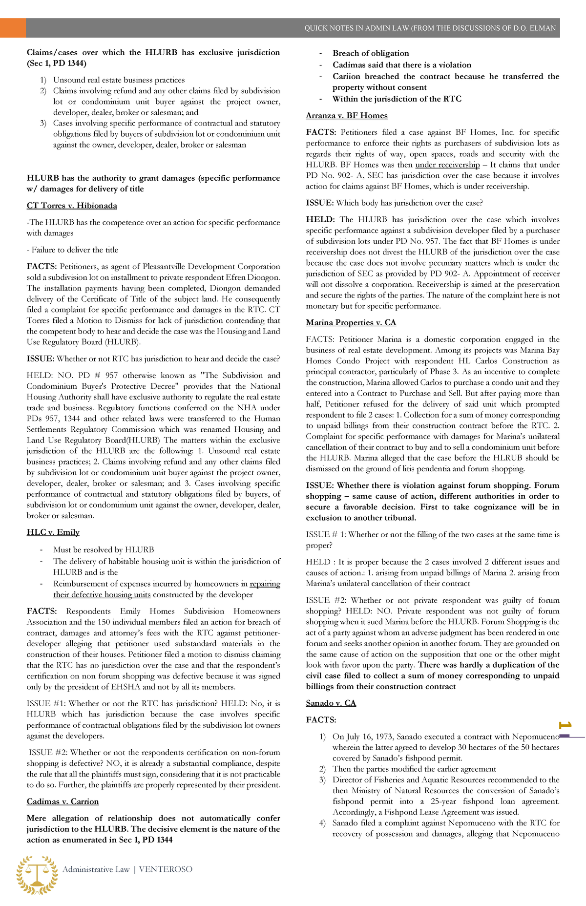 Quick Notes in Admin Law - 1 Claims/cases over which the HLURB has ...
