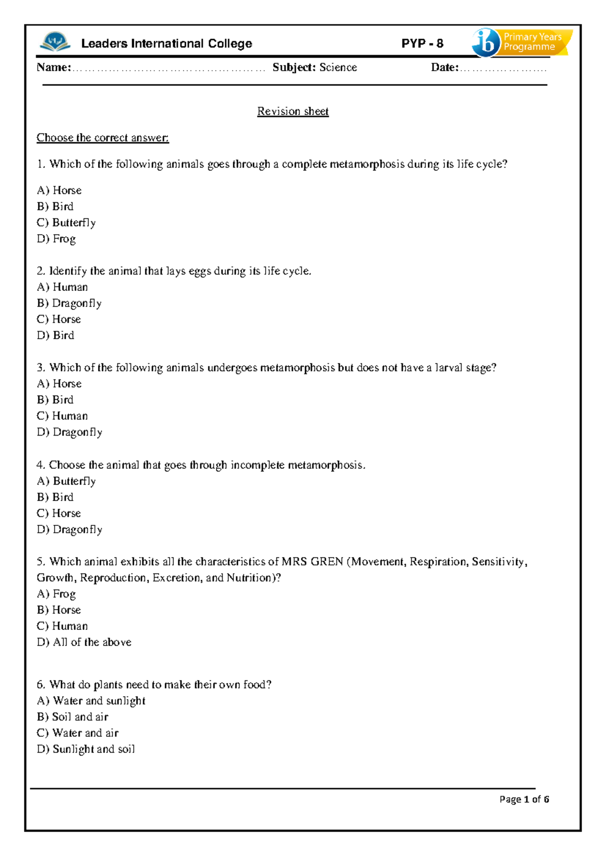 Revision sheet - Révision - Name ...