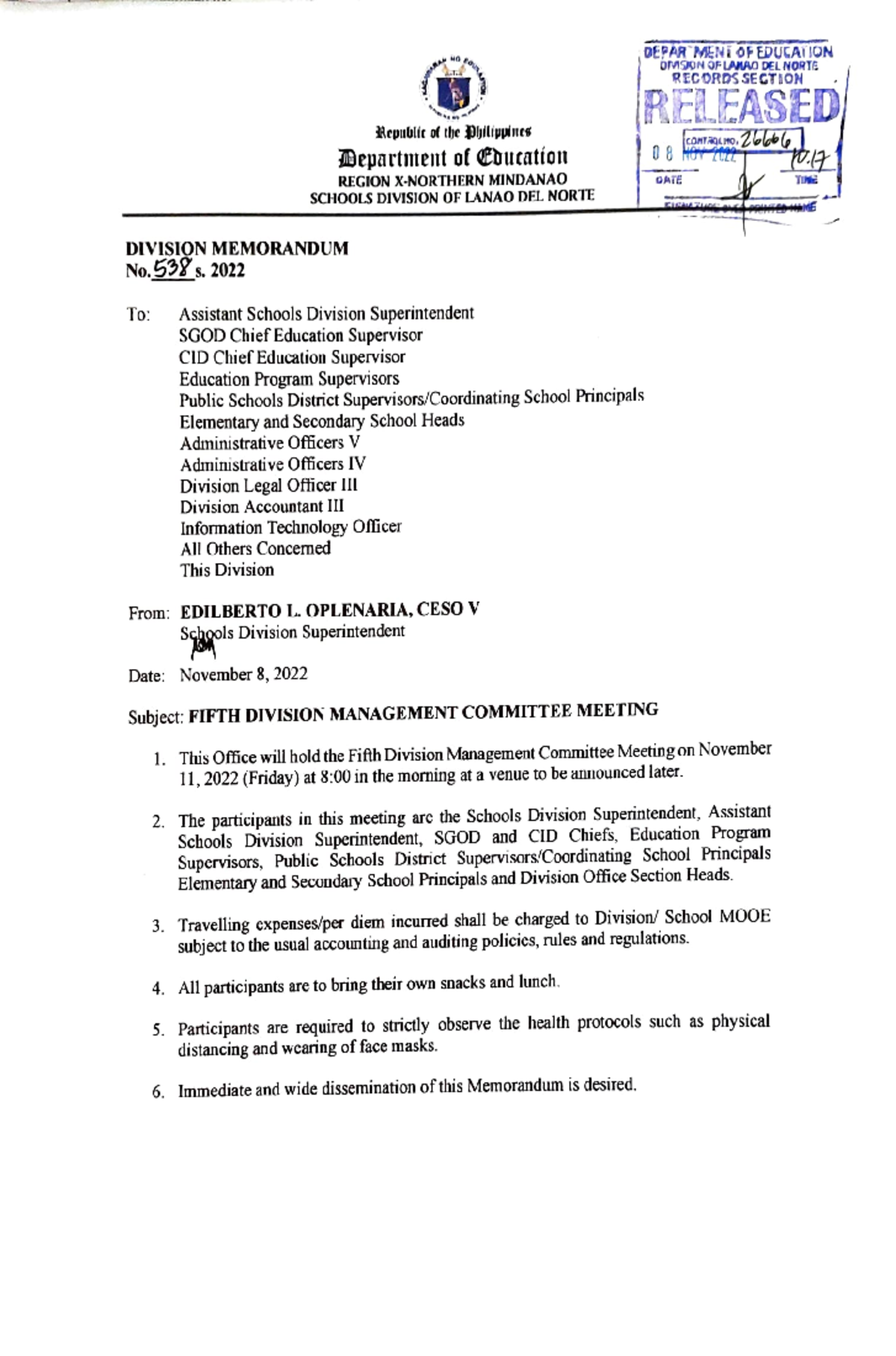 Division Management Committee Meeting - OEPARoMSONMENi OF LAMAOOF ...