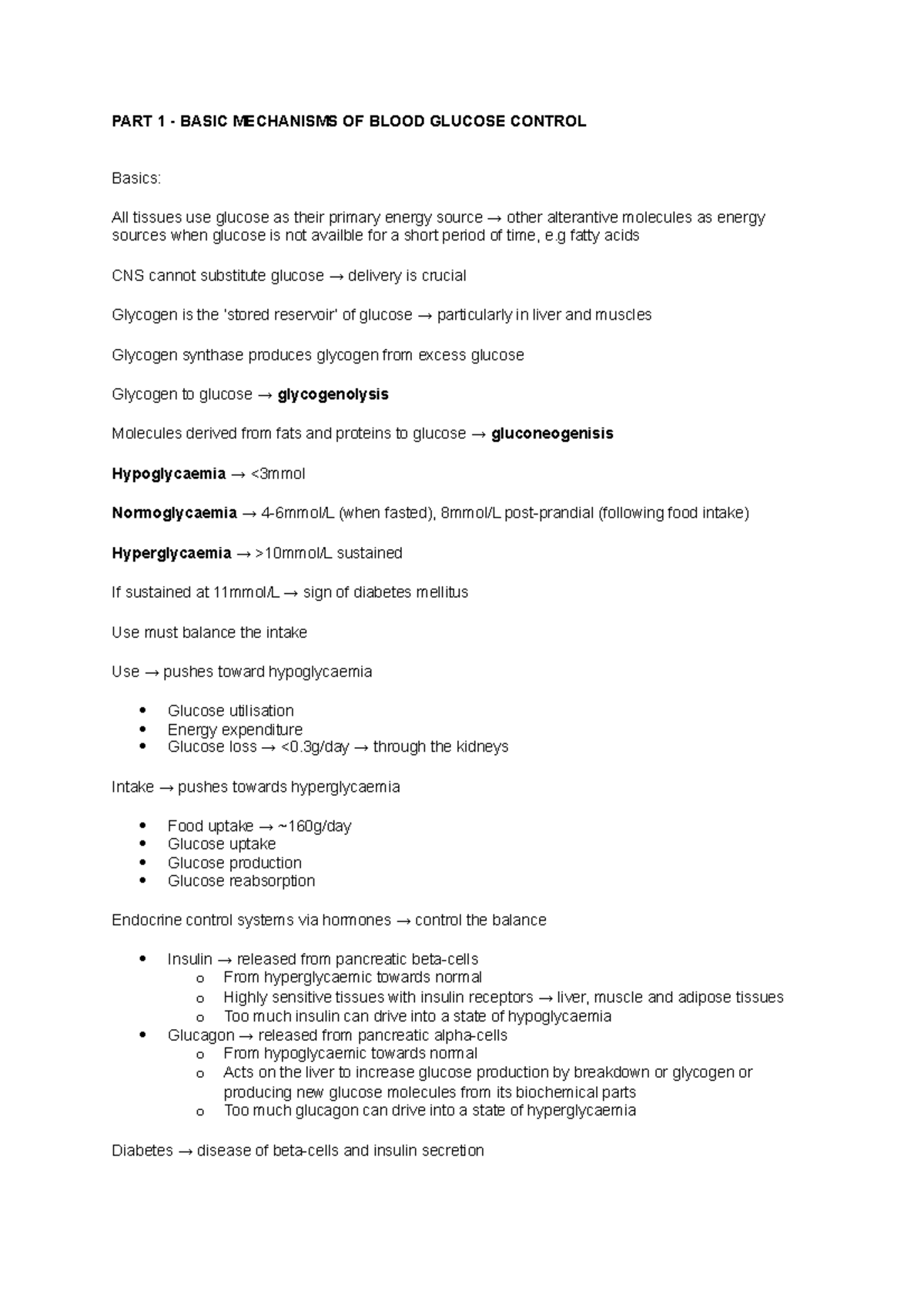 Glucose notes - PART 1 - BASIC MECHANISMS OF BLOOD GLUCOSE CONTROL ...