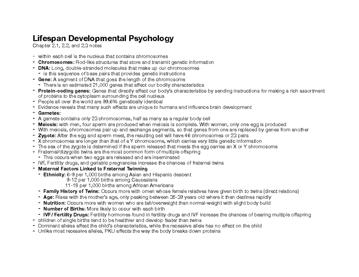 2.1 - 2.5 notes - Lifespan Developmental Psychology Chapter 2, 2, and 2 ...