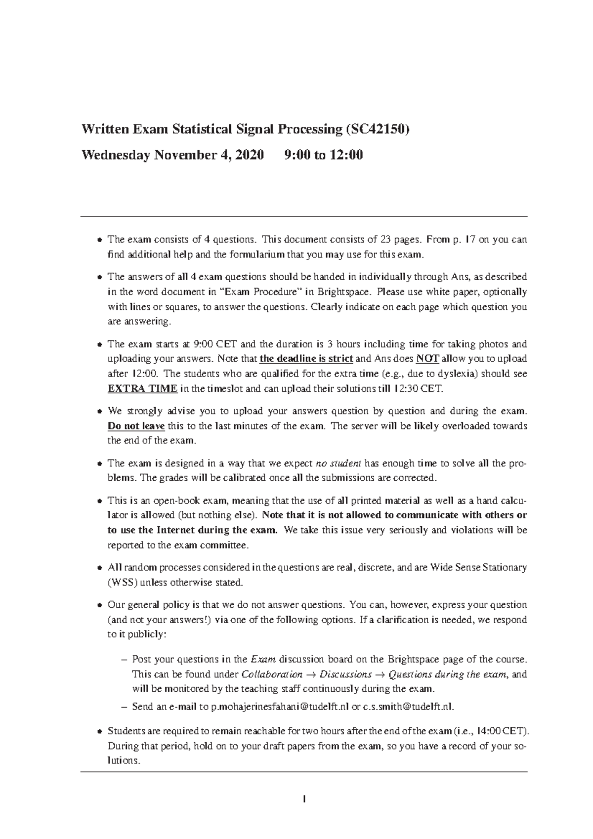 Exam 2020 - with answers - Written Exam Statistical Signal Processing (SC42150) Wednesday ...