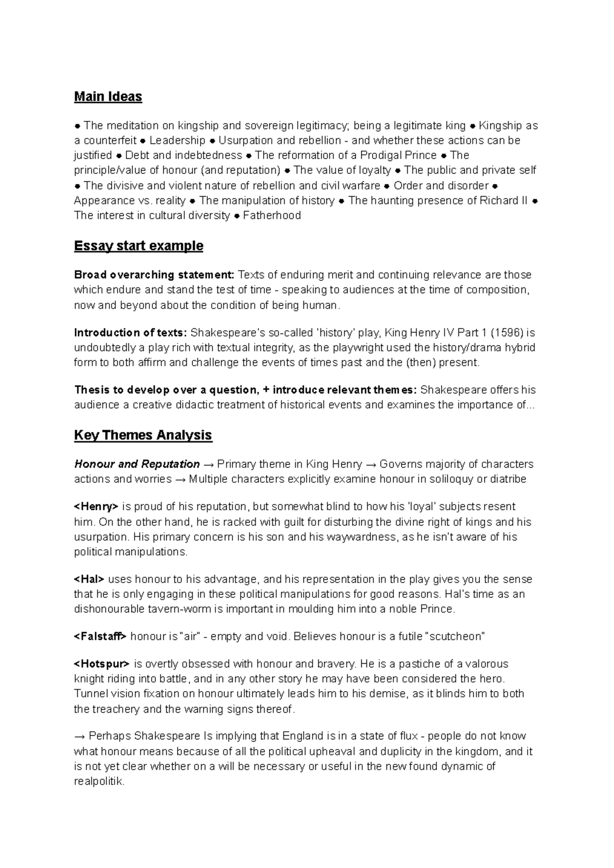 King Henry IV Part 1 - Practice Essay Notes - Main Ideas The meditation ...