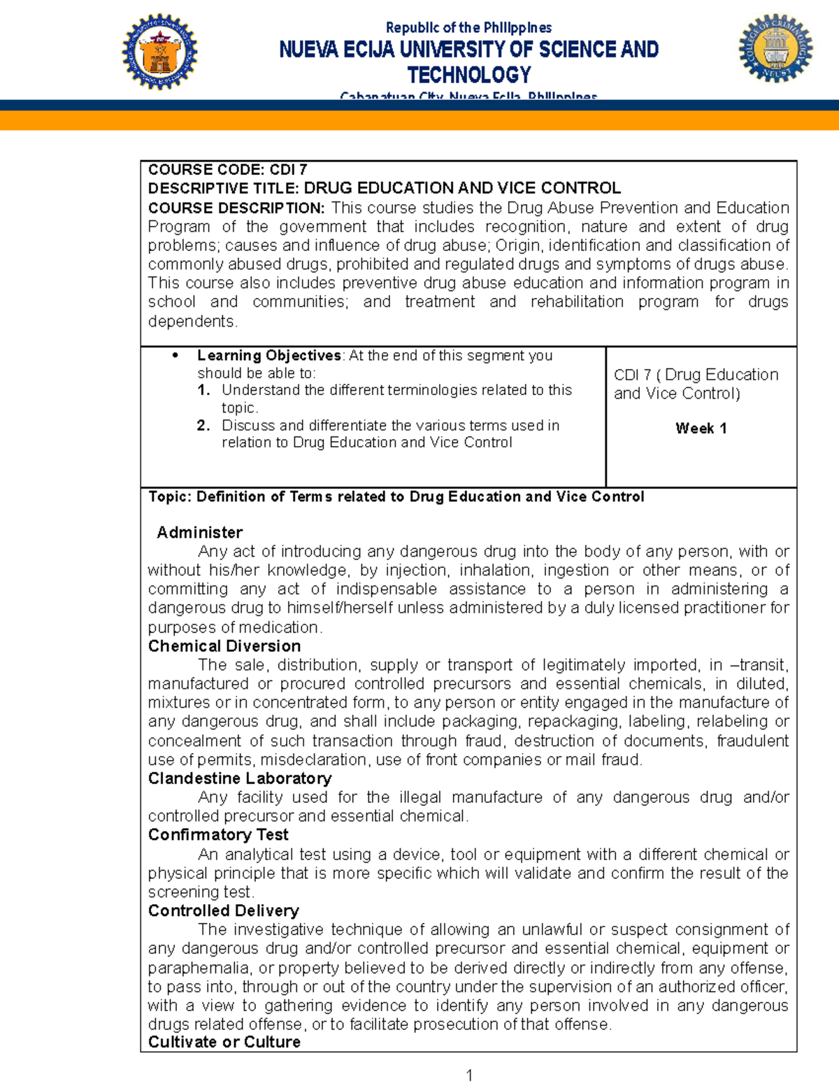CDI-7- Notes - Vice And Drugs Education - COURSE CODE: CDI 7 ...